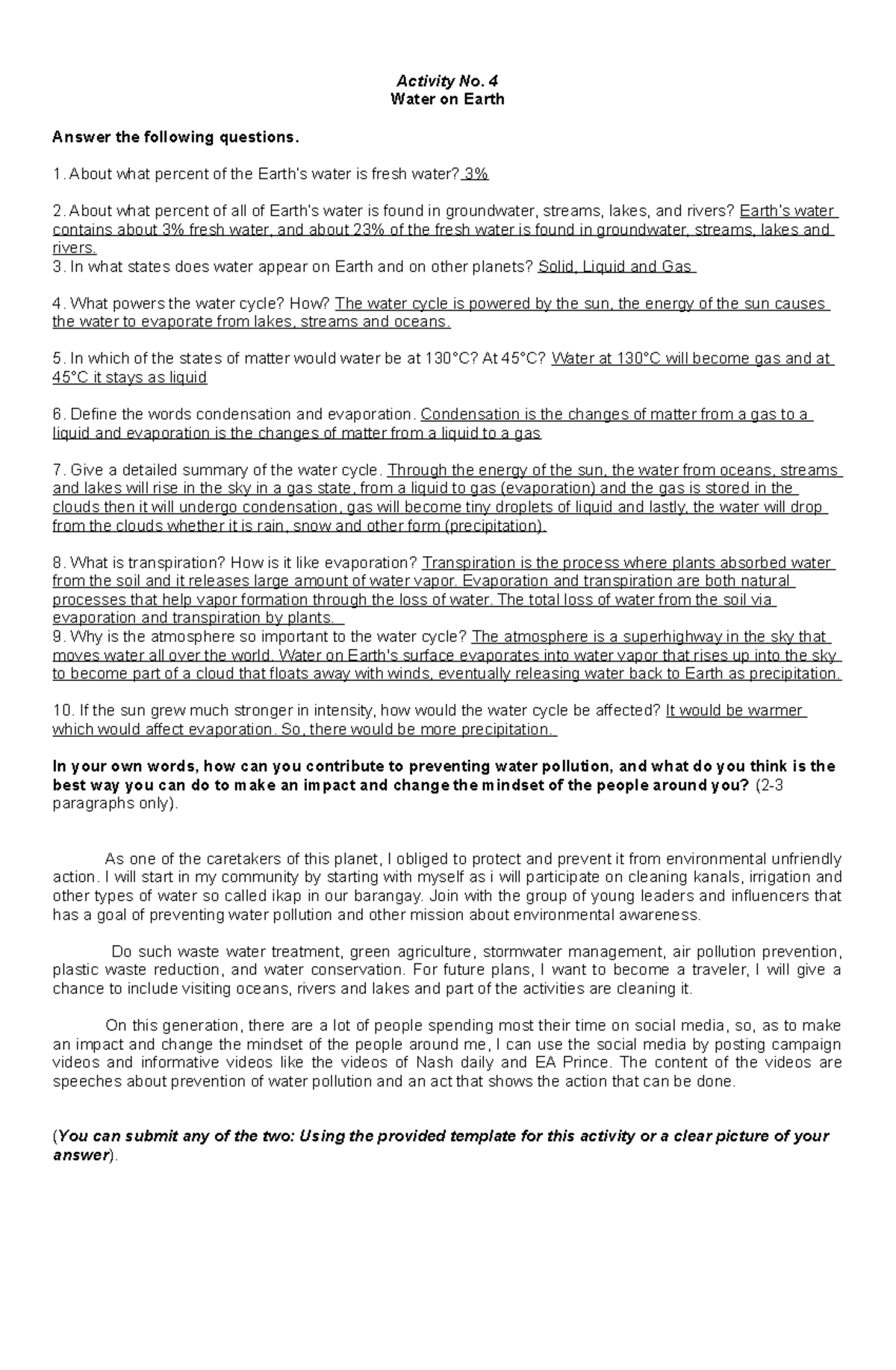 Water on Earth - Activity No. 4 Water on Earth Answer the following ...