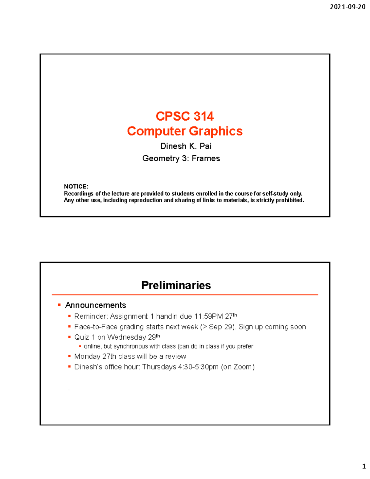 Lecture 6 Geometry 3 Frames Slides 2021 ‐ 09 ‐ 20 1 Cpsc 314