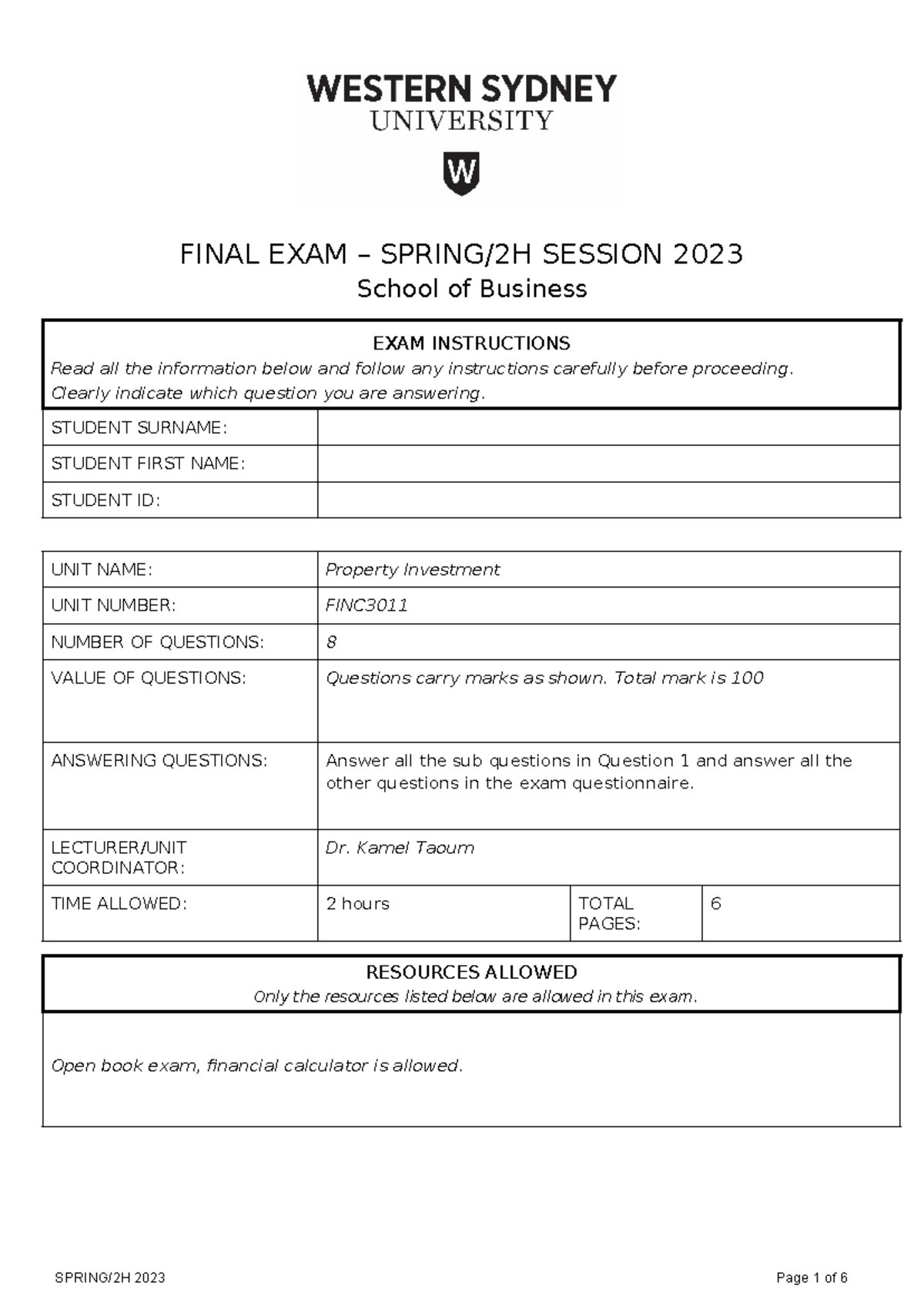 Main Exam Coversheet SOB - Spring 2H 2023 FINC3011 - FINAL EXAM ...