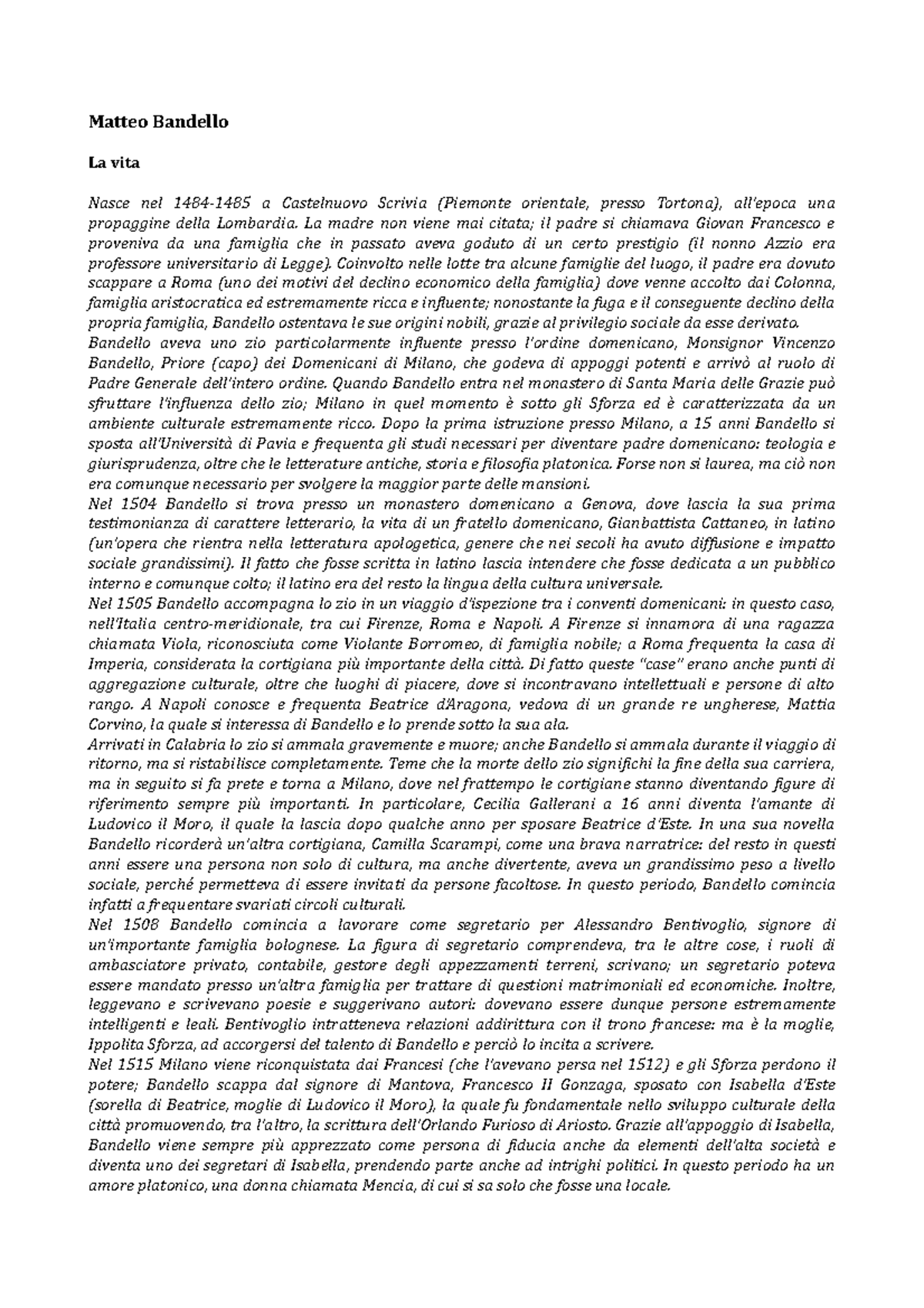 Letteratura italiana - Matteo Bandello - Matteo Bandello La vita Nasce ...