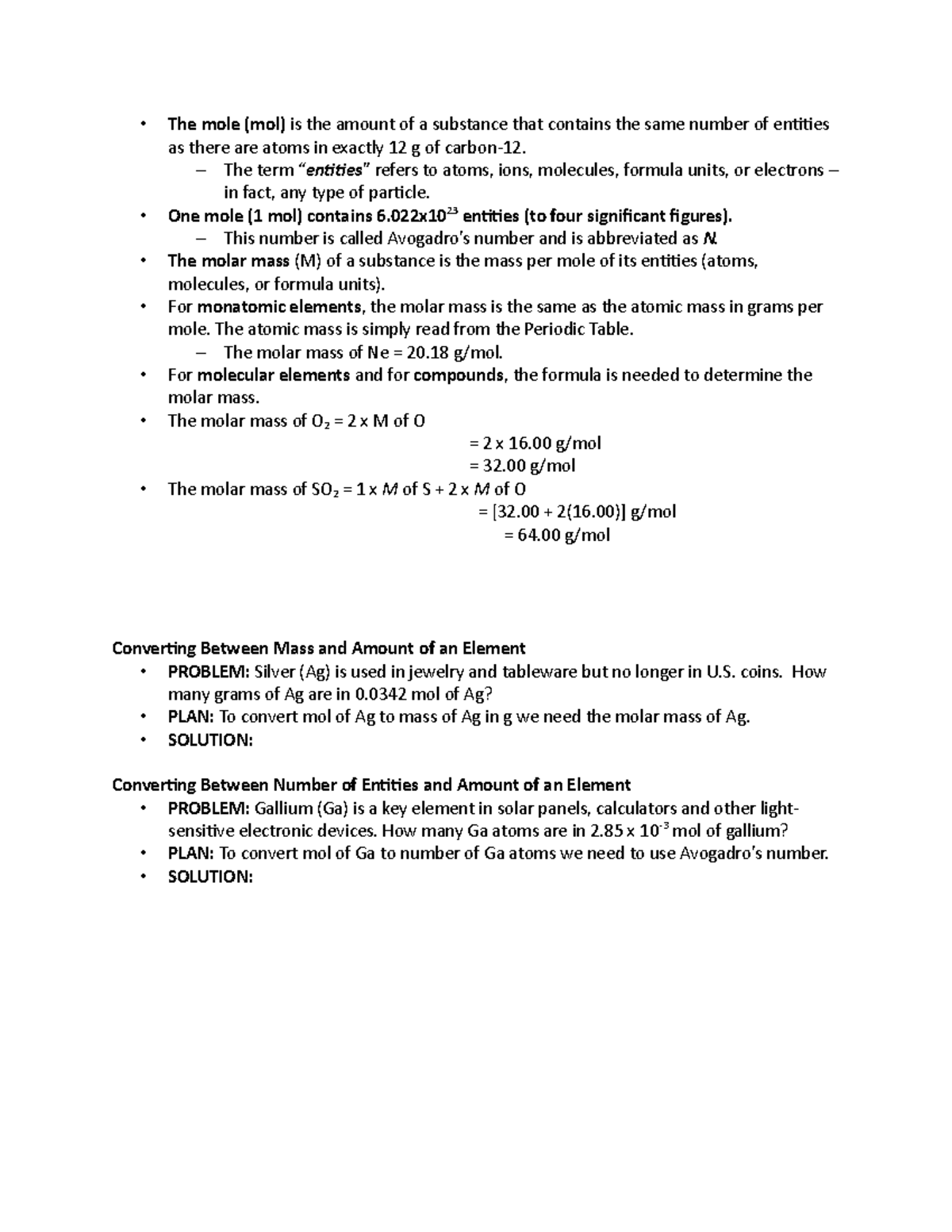 Chem 107 Notes 2022 - The mole (mol) is the amount of a substance that ...