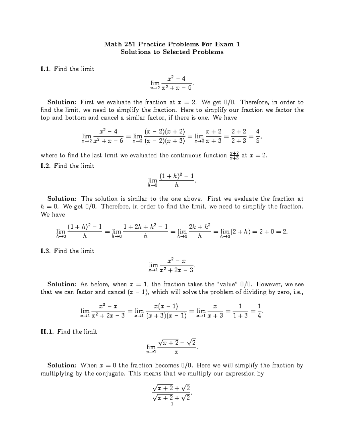 251PE1S - Kalkulus - Math 251 Practice Problems For Exam 1 Solutions to ...