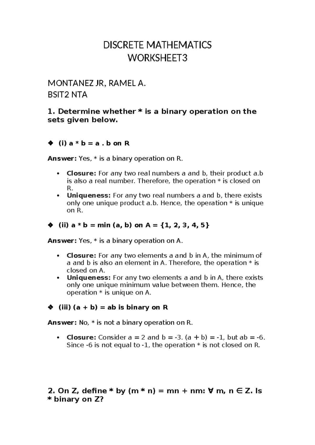 Discrete Mathematics. Worksheet 3docx - DISCRETE MATHEMATICS WORKSHEET ...