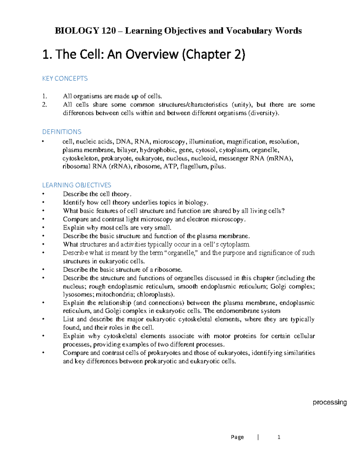 Bio 120 outline - BIOLOGY 120 – Learning Objectives and Vocabulary ...