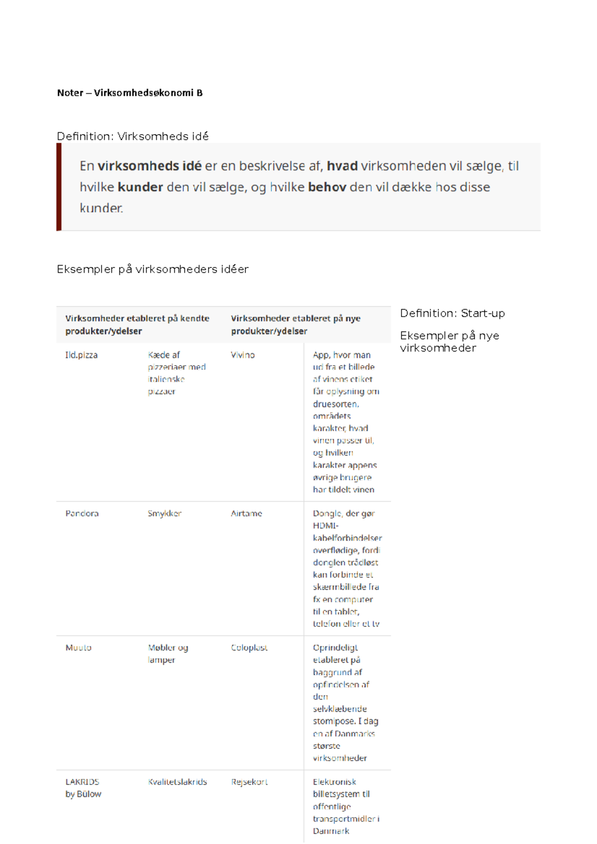 Noter til virksomhedsøkonomi - Noter – Virksomhedsøkonomi B Definition: Virksomheds idé ...