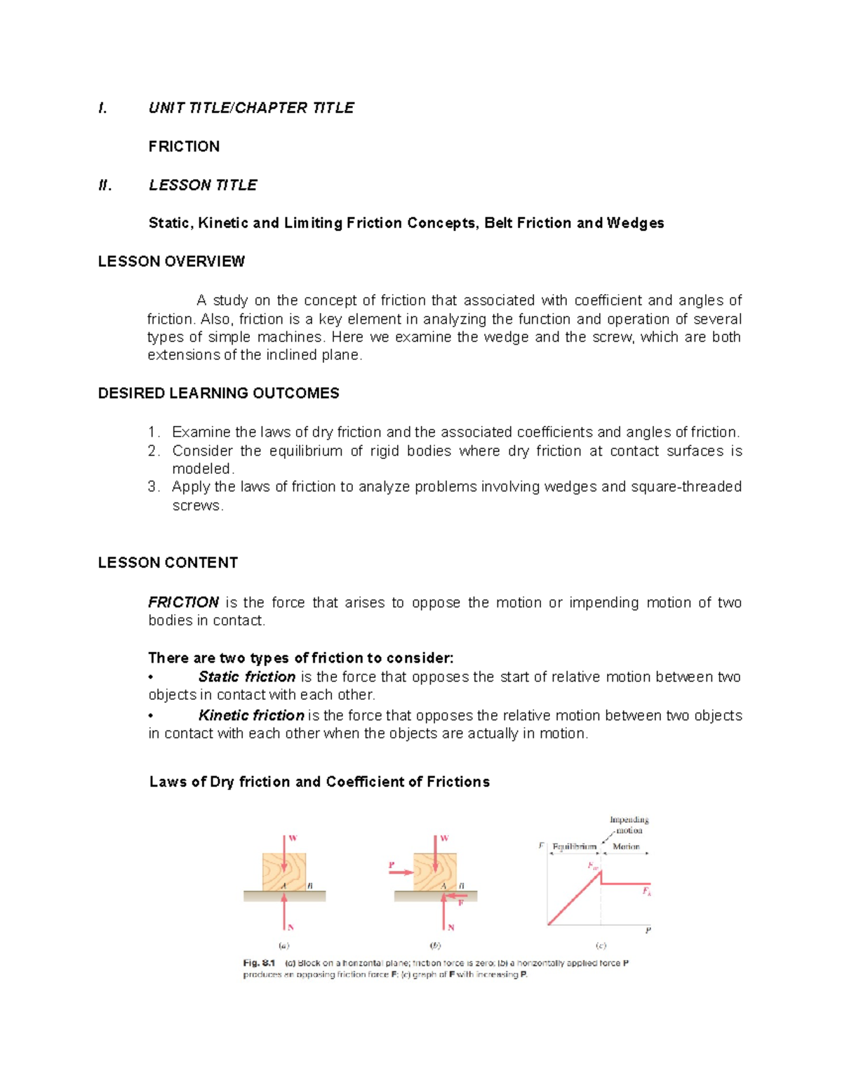 Engineering Mechanics- Friction - I. UNIT TITLE/CHAPTER TITLE FRICTION ...