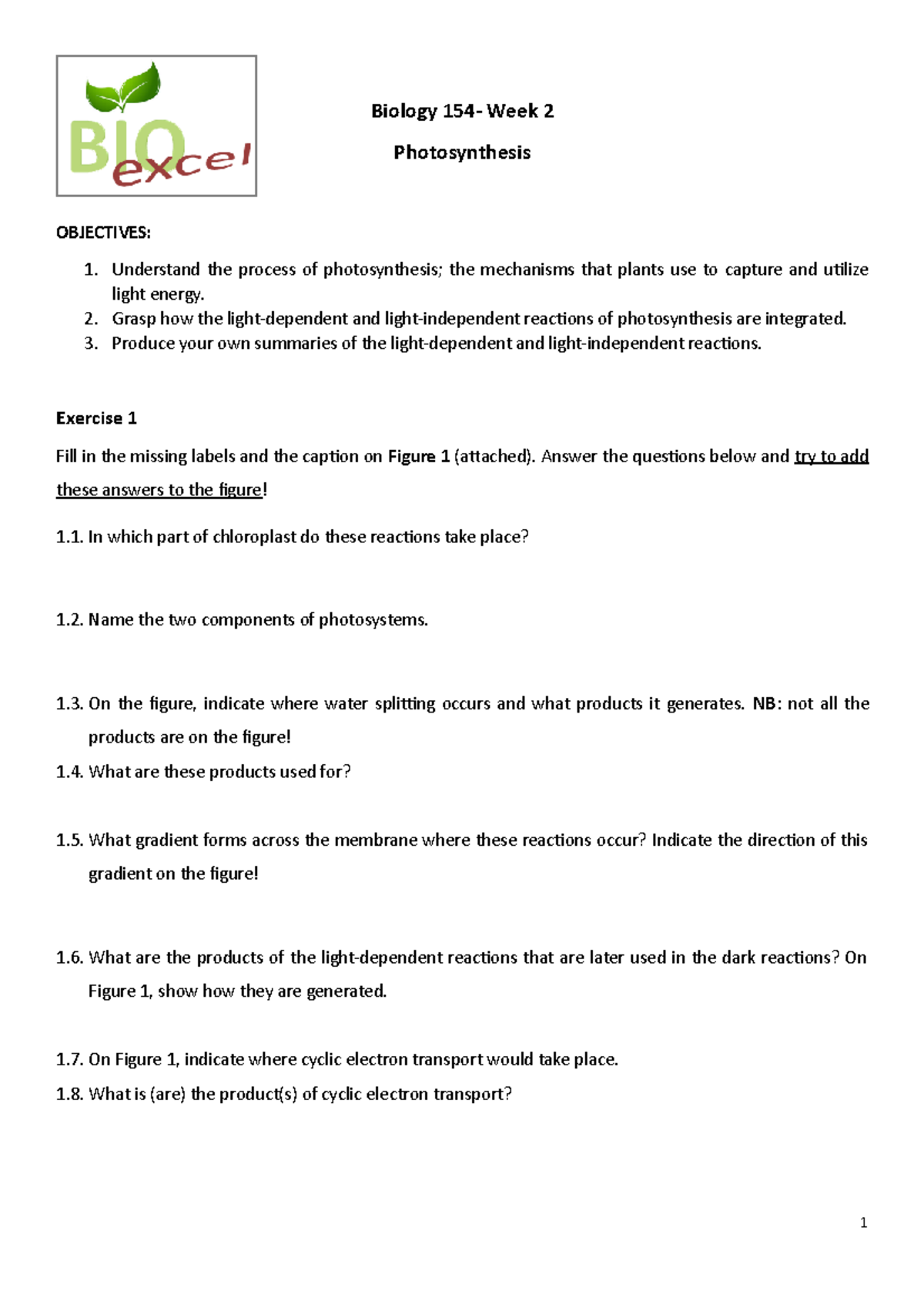 Tut2 student ENG - Extra exercises - Biology 154- Week 2 Photosynthesis OBJECTIVES: Understand ...
