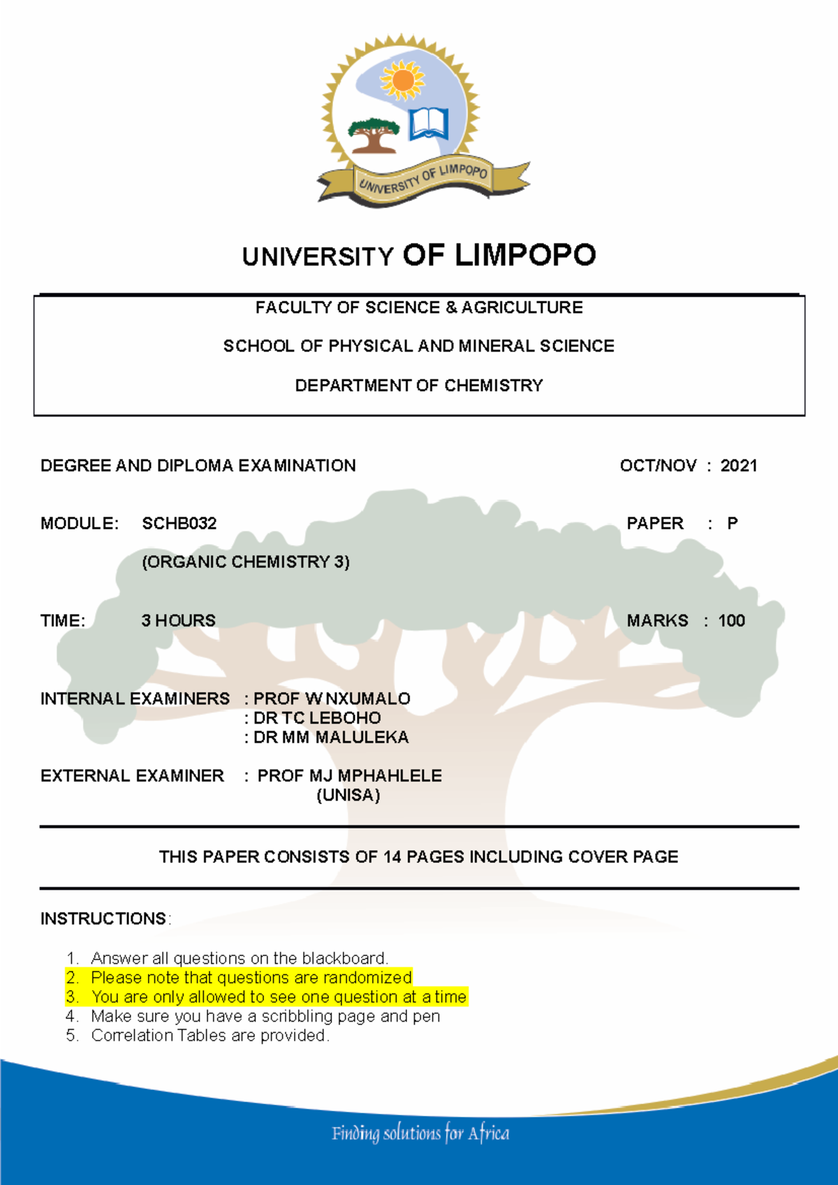 SCHB032 MAIN EXAM - 2021 - UNIVERSITY OF LIMPOPO FACULTY OF SCIENCE & AGRICULTURE SCHOOL OF ...