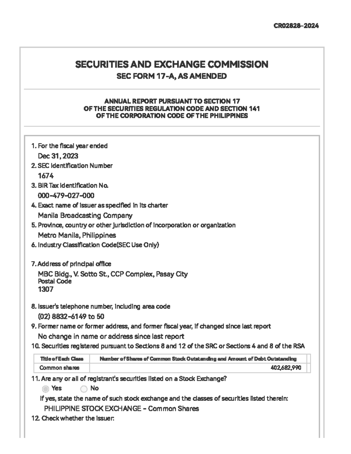 Annual Report - Idid - Yes No CR 02828 - 2024 SECURITIES AND EXCHANGE ...