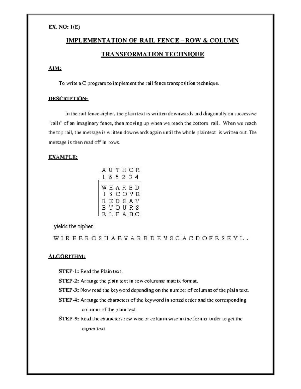 Rail fence - cyber security lab - EX. NO: 1(E) IMPLEMENTATION OF RAIL ...