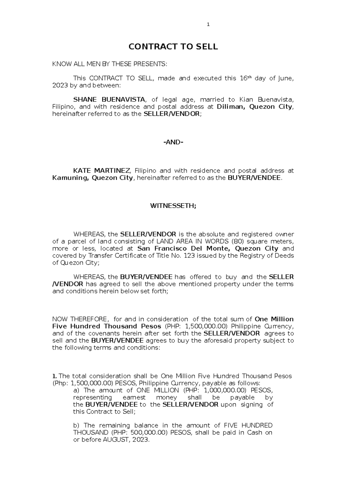 Contract TO SELL - notes - CONTRACT TO SELL KNOW ALL MEN BY THESE ...