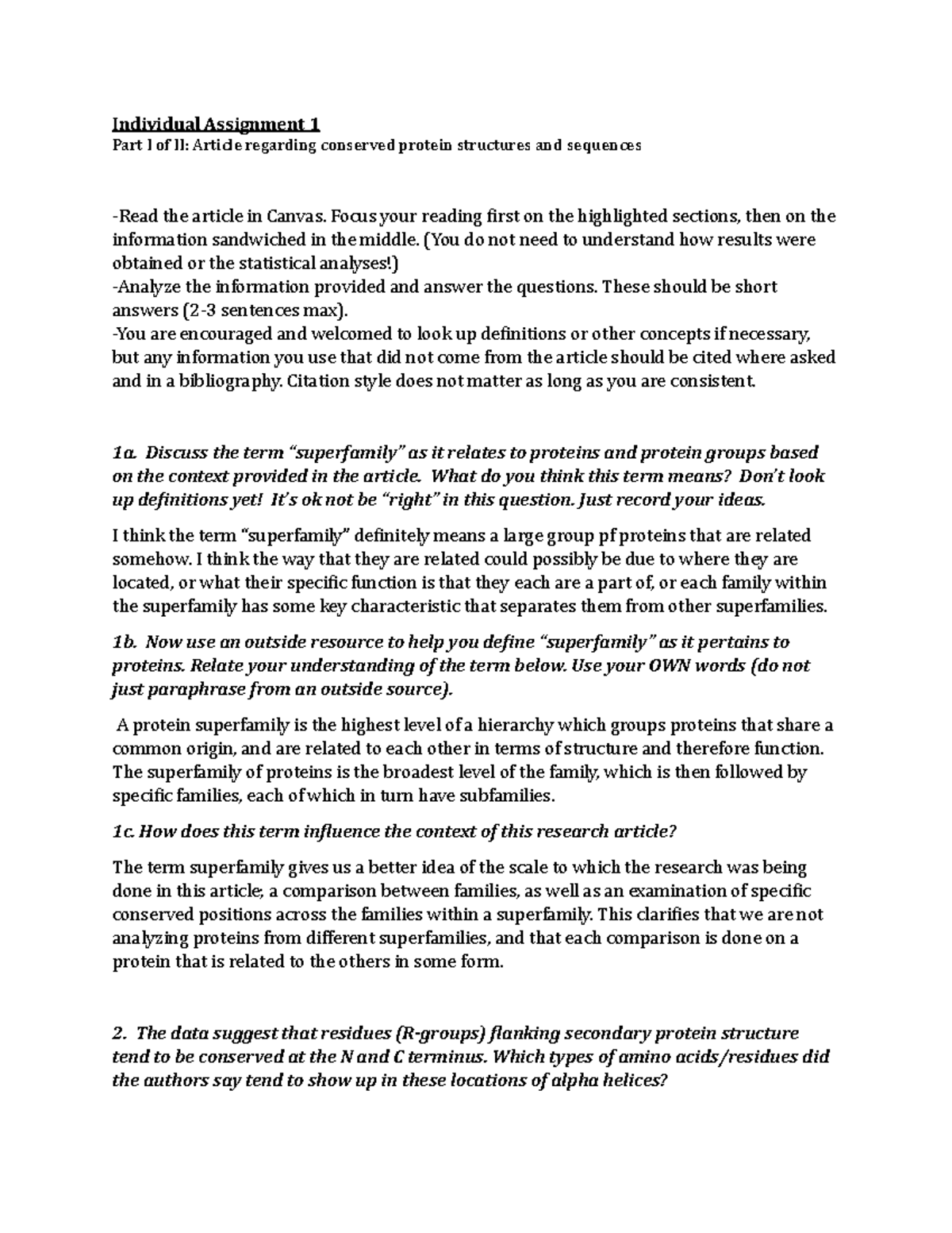 Individual Assignment #1 Bio 161 - **Individual Assignment ** Part I of ...