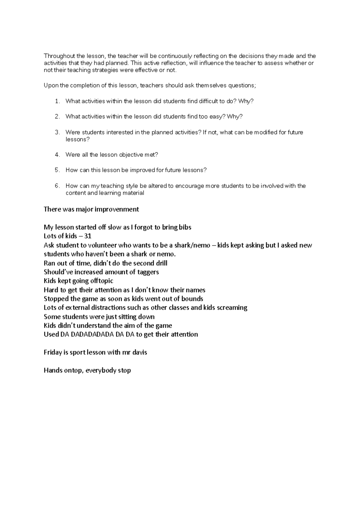 Lesson reflection 1 notes and questions - Throughout the lesson, the ...