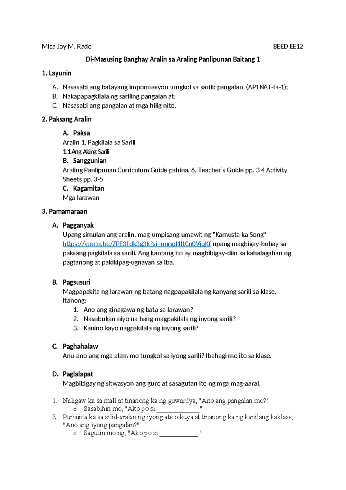 RADO, MICA JOY M. BEED EE12 ( Final Lesson PLAN) - Mica Joy M. Rado BEED EE Di-Masusing Banghay ...