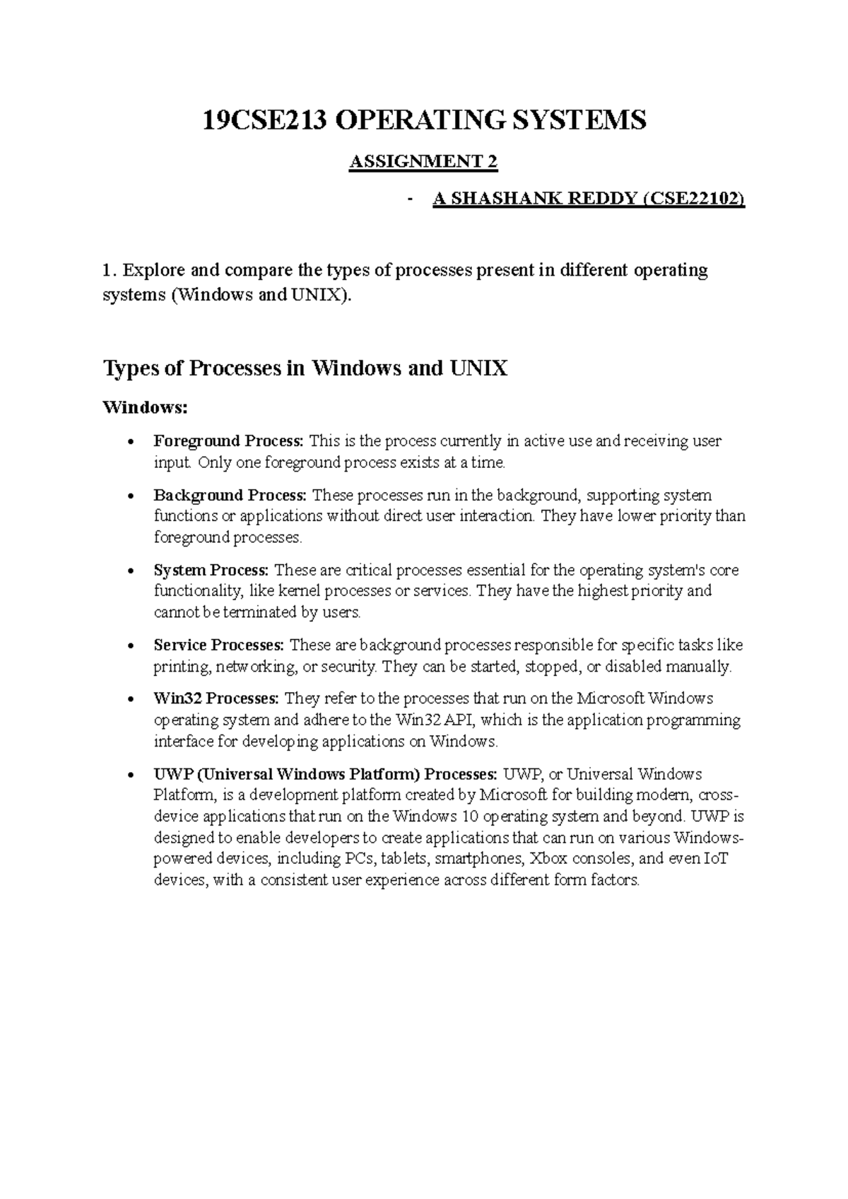 19CSE213 Operating Systems Assignment 2 - 19CSE213 OPERATING SYSTEMS ASSIGNMENT 2 - A SHASHANK ...