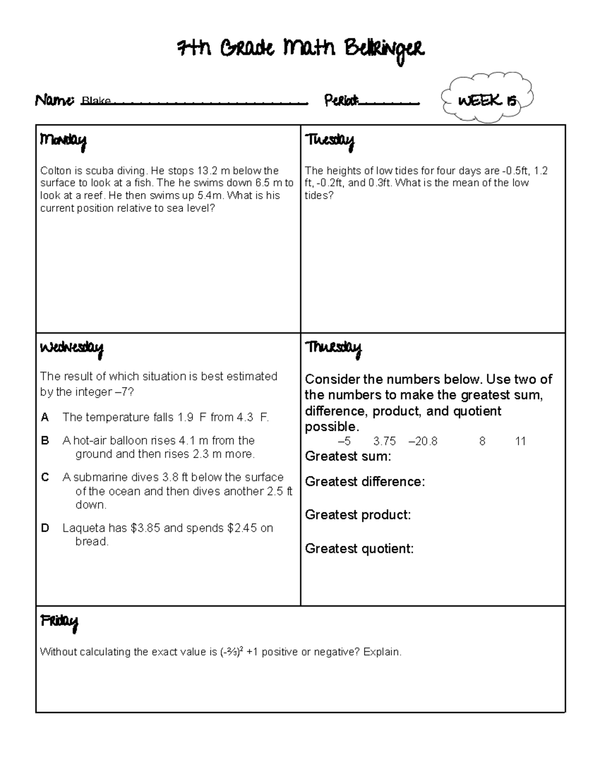 bellringersdytd - 7th Grade Math Bellringer Name ...