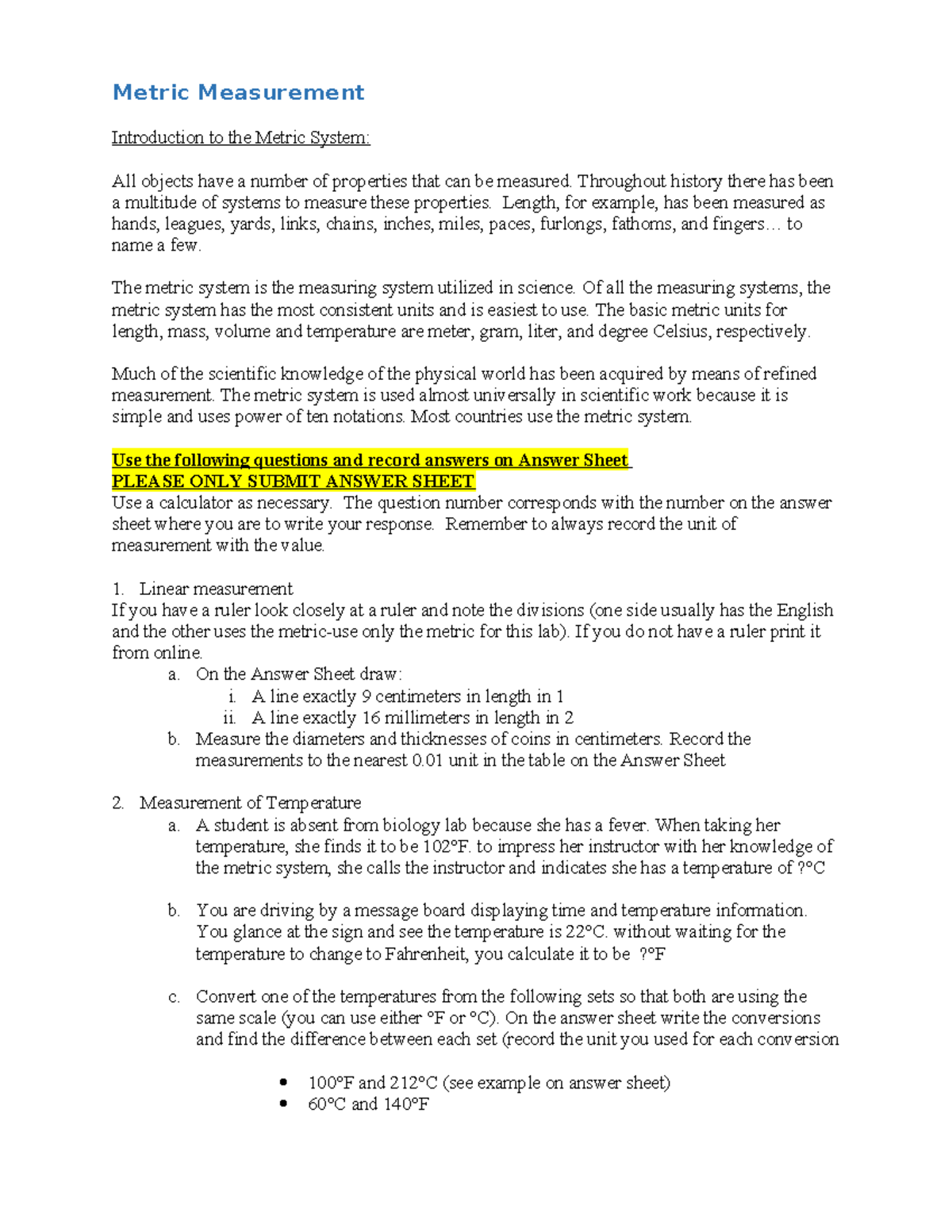 Metric Measurement Questions - Metric Measurement Introduction to the ...