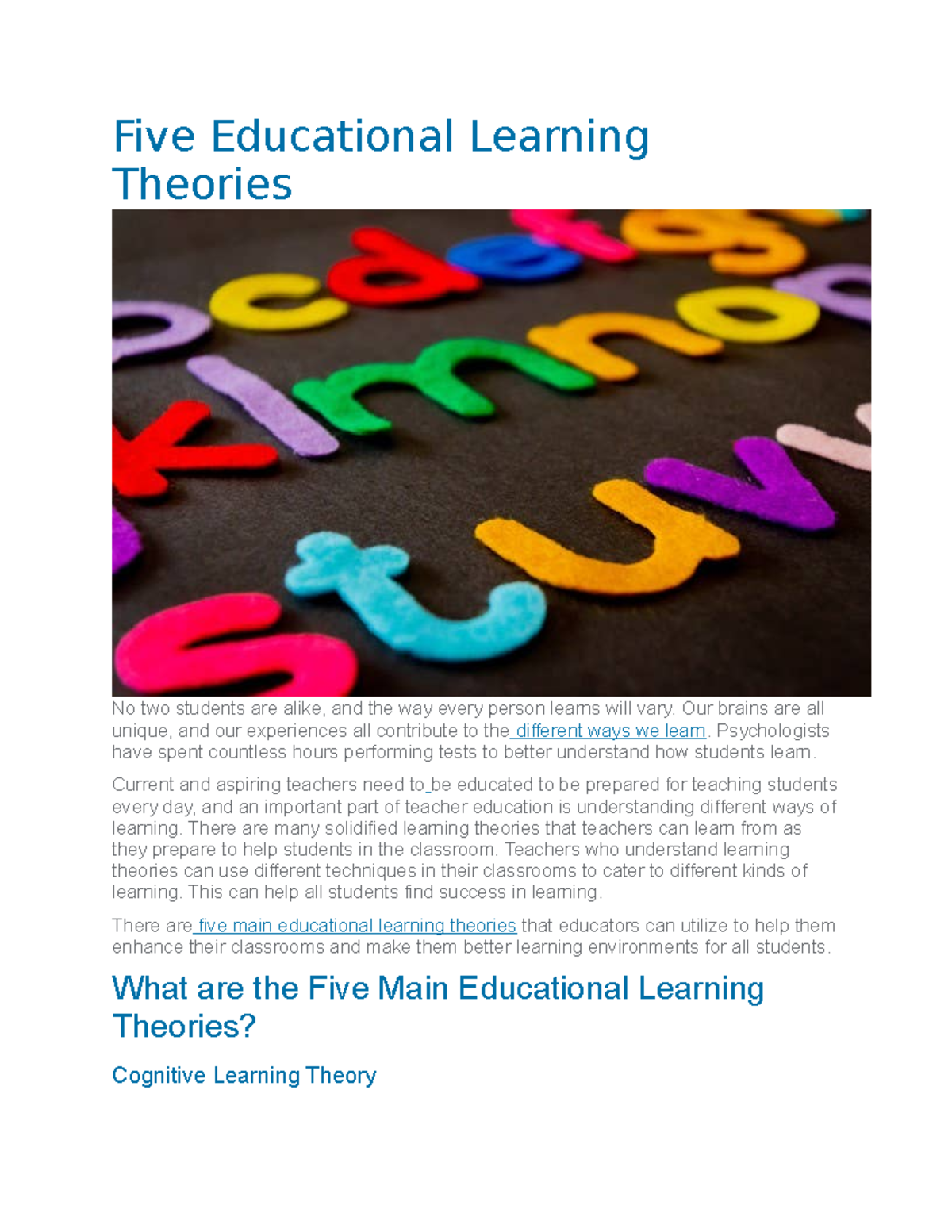 Five Educational Learning Theories of Education - Educational Planning - Foundation - Studocu