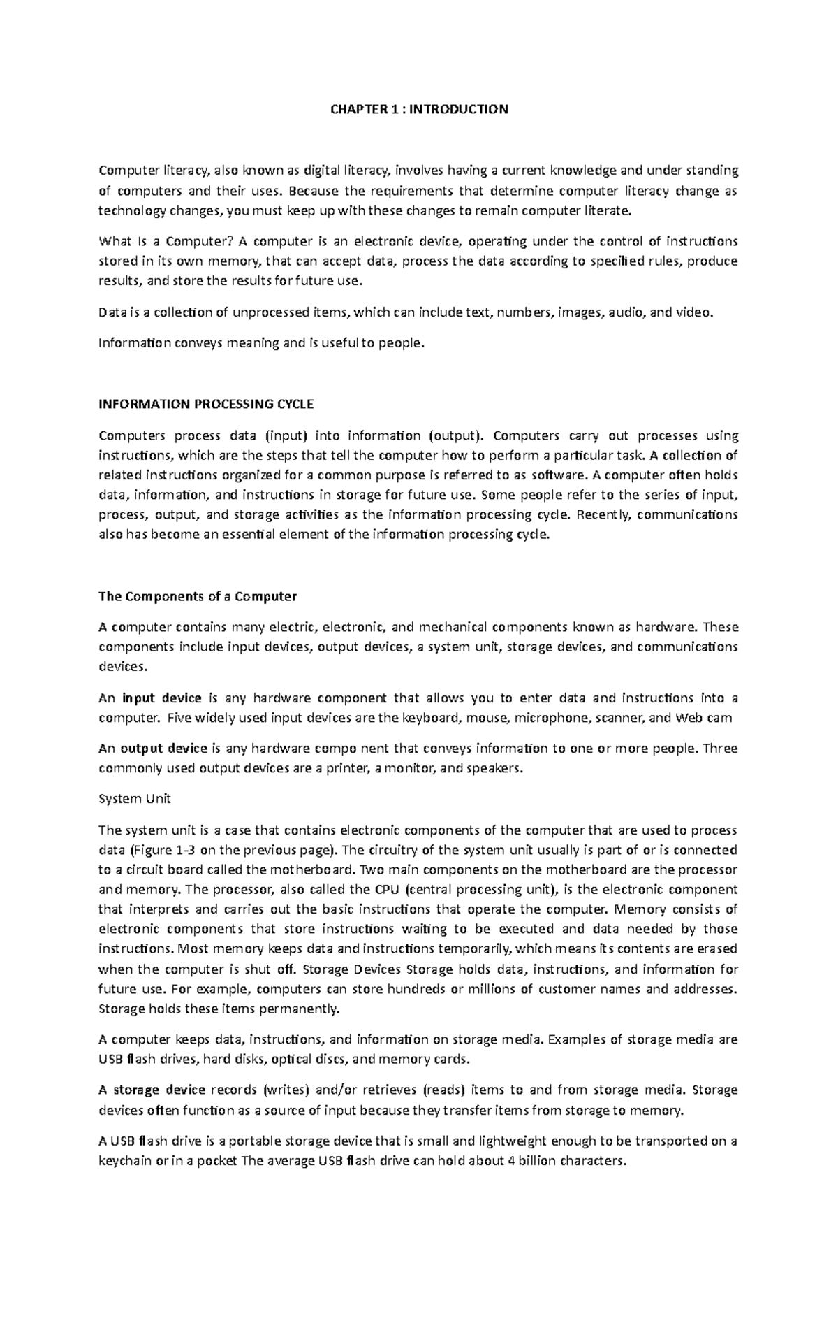 Chapter 1 Intro TO IT COMP - CHAPTER 1 : INTRODUCTION Computer literacy ...