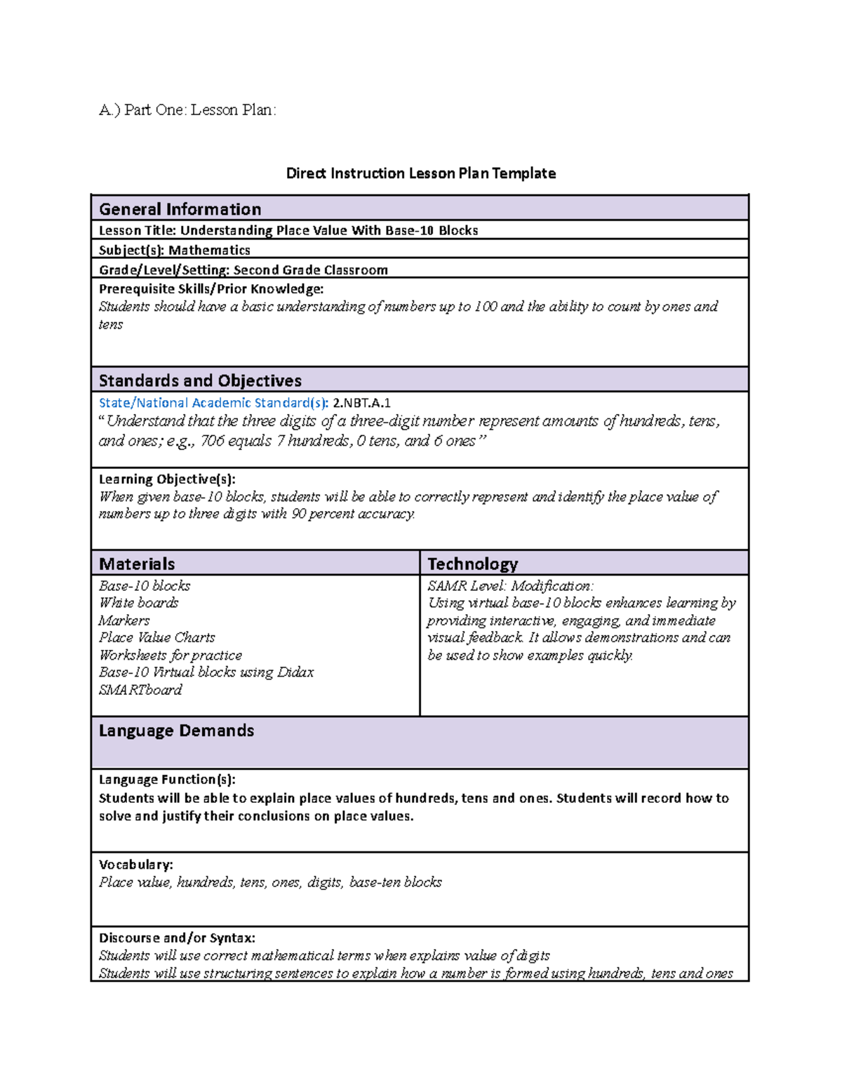 Lesson Plan Math C381 - A.) Part One: Lesson Plan: Direct Instruction Lesson Plan Template ...