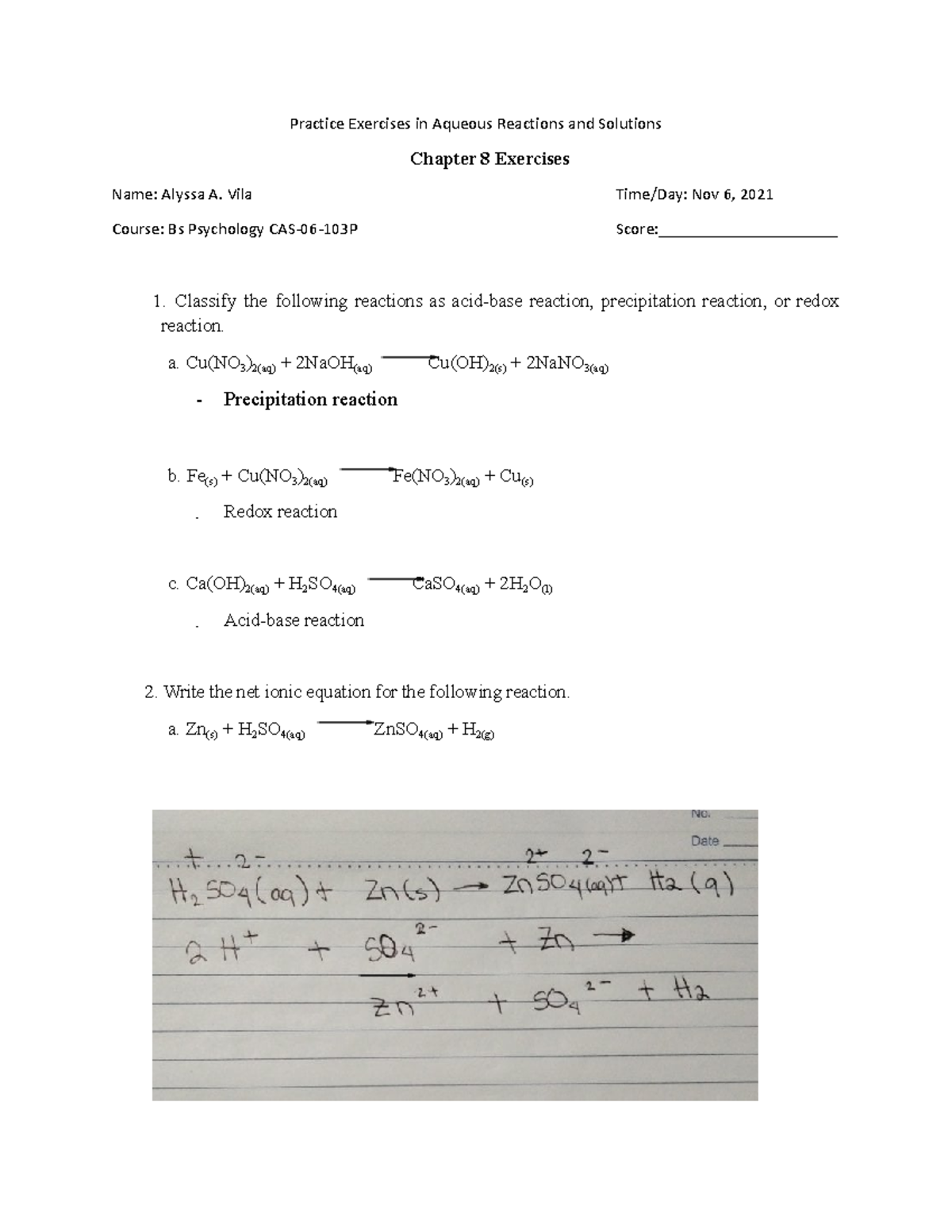 Practice Exercises in Aqueous Reactions and Solutions - Vila Time/Day ...
