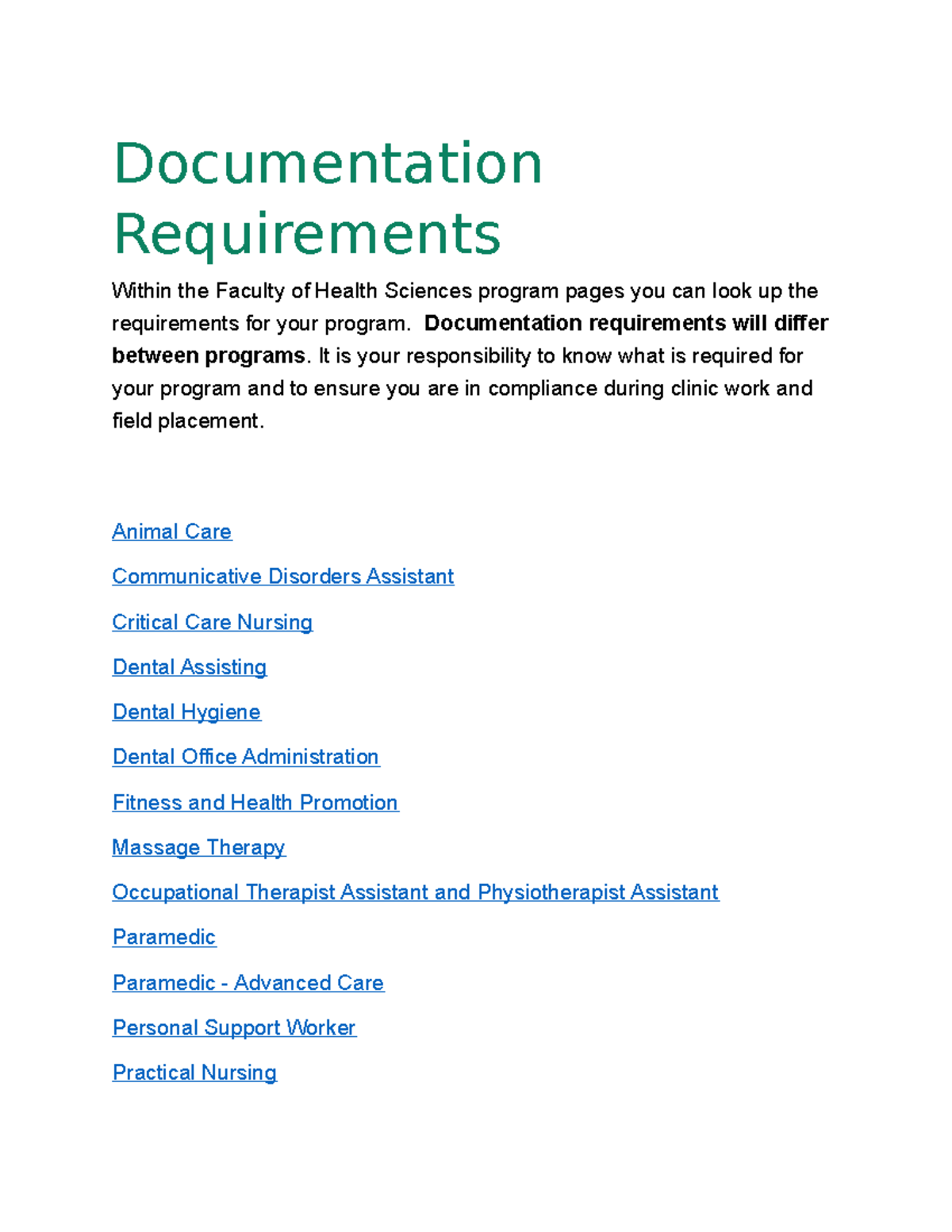 placement course - Documentation Requirements Within the Faculty of ...