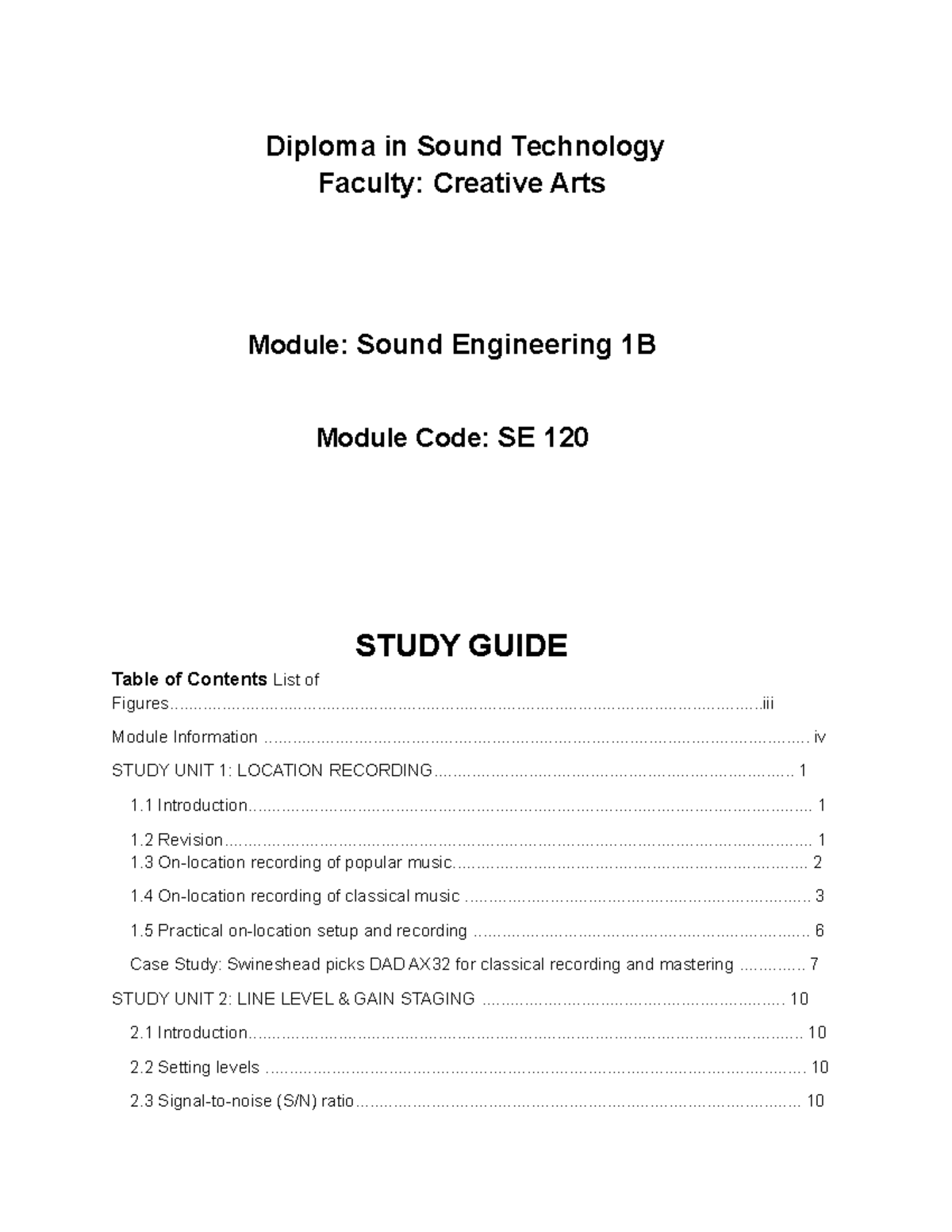 Sound Engineering 1B - Study Guide - Diploma in Sound Technology ...