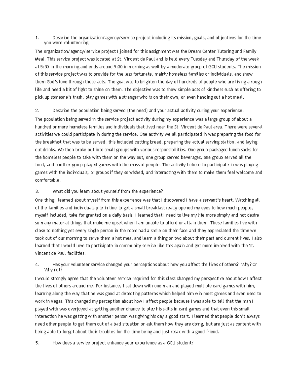 Service Activity Write Up - Questions on your service project ...