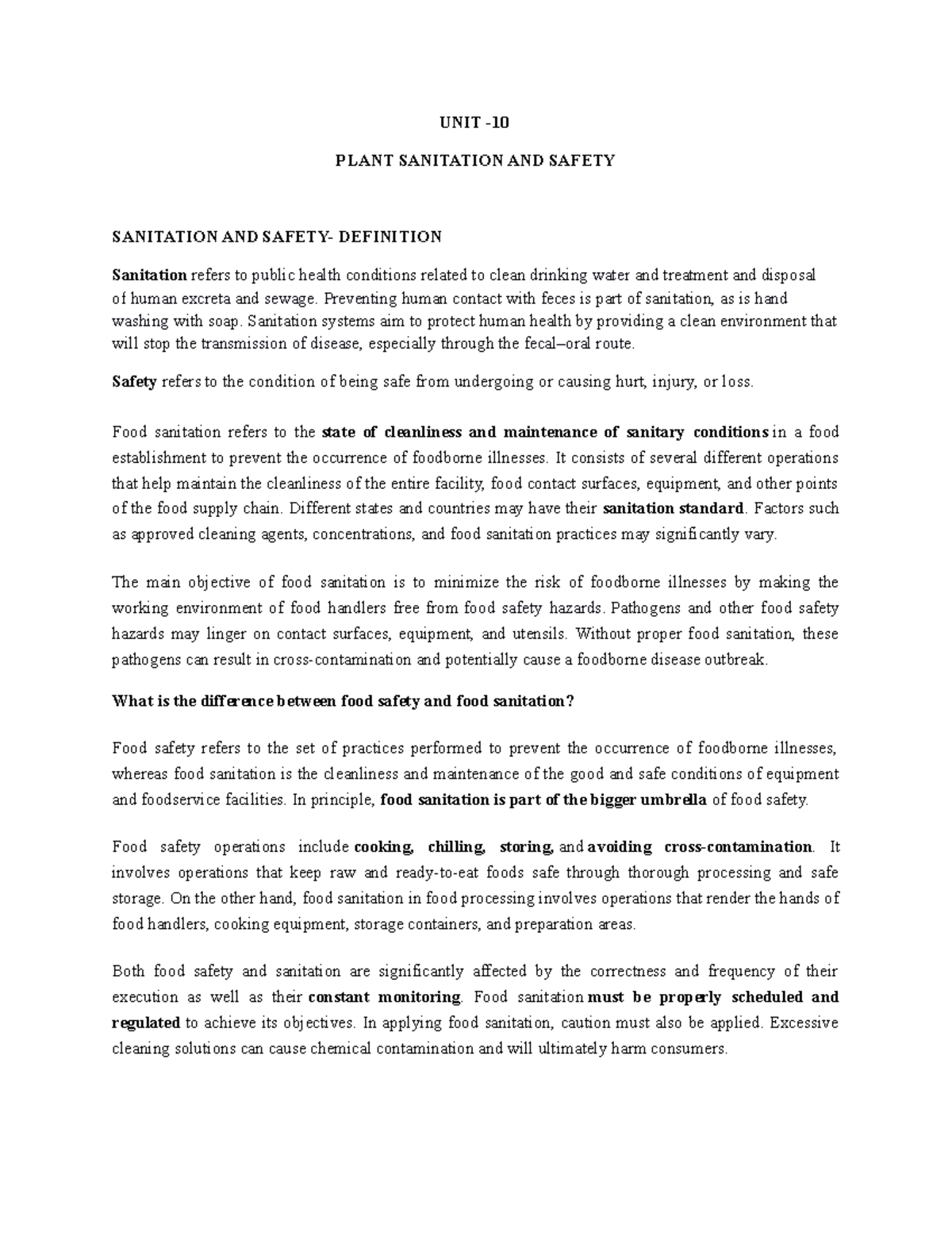 Unit-10 Plant Sanitation and Safety - UNIT - PLANT SANITATION AND ...