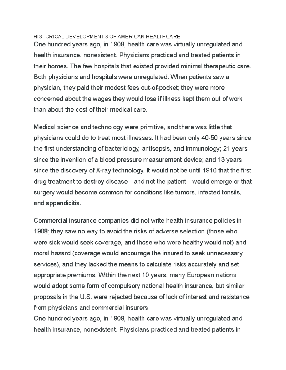 Historical Developments OF American Healthcare - HISTORICAL ...