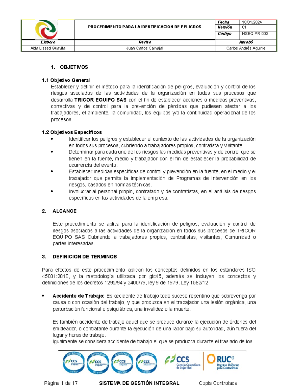 HSEQ-PR-003 Proce de Identifi de Pelig - PROCEDIMIENTO PARA LA ...