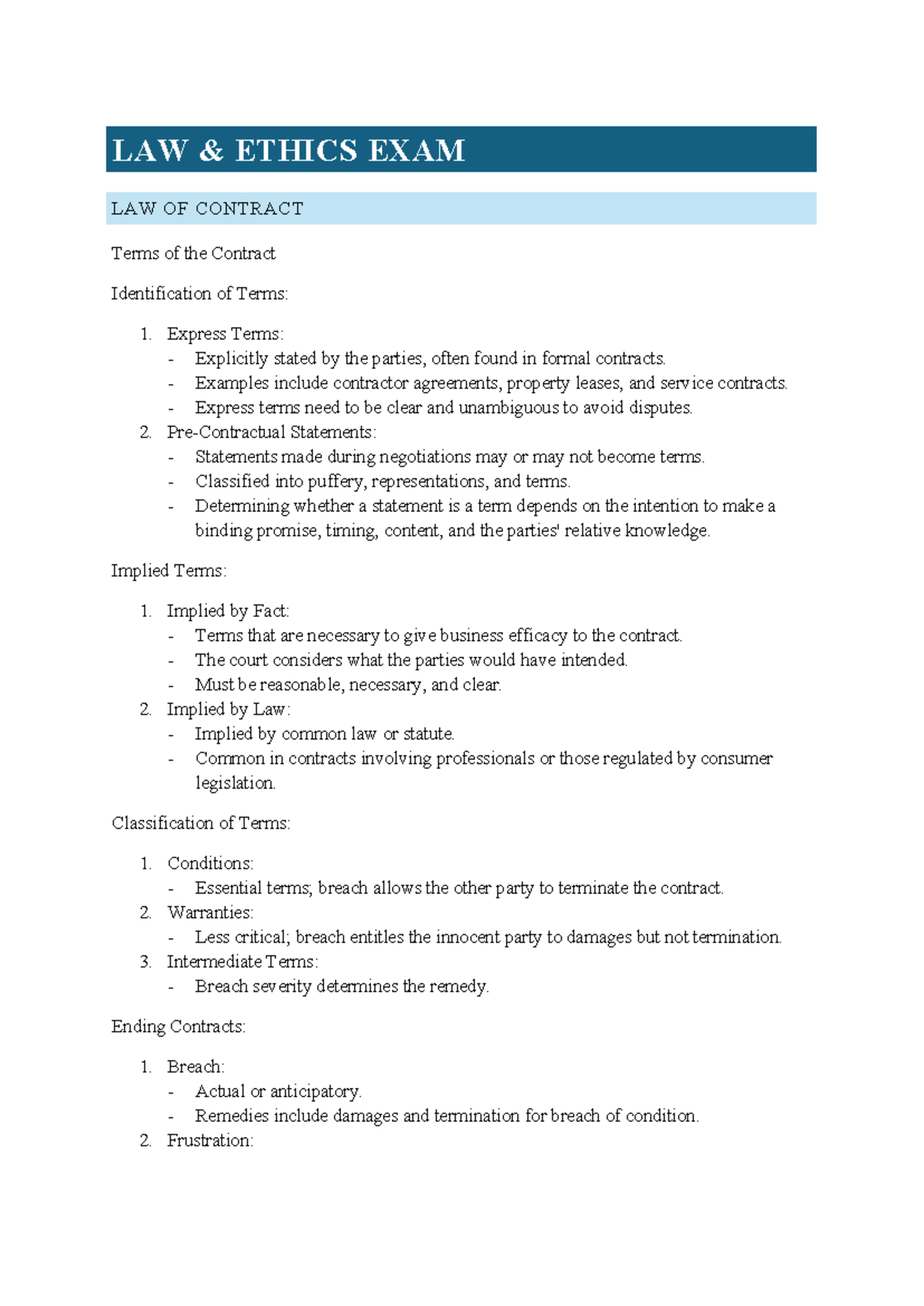Law & Ethics Exam notes summarised - LAW & ETHICS EXAM LAW OF CONTRACT ...