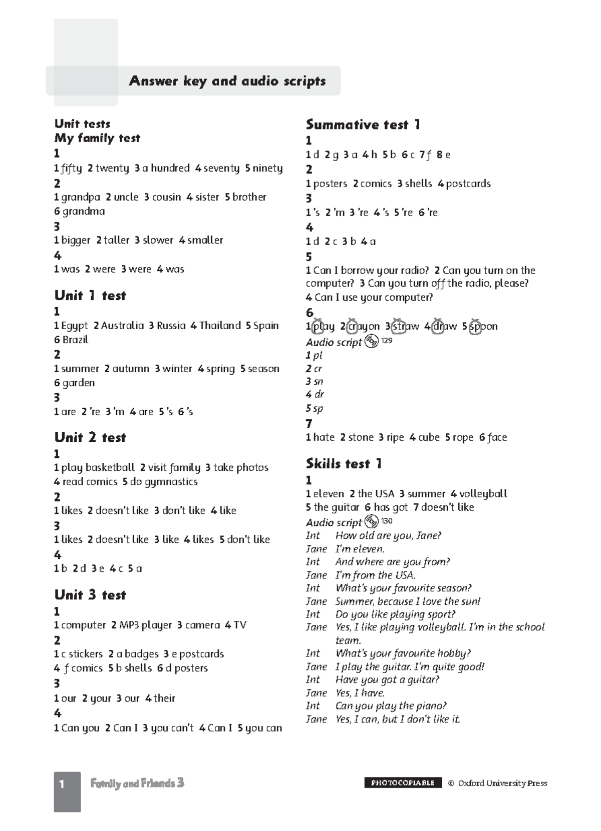 Family and Friends 3 - Answer key and audio scripts - Unit tests My ...