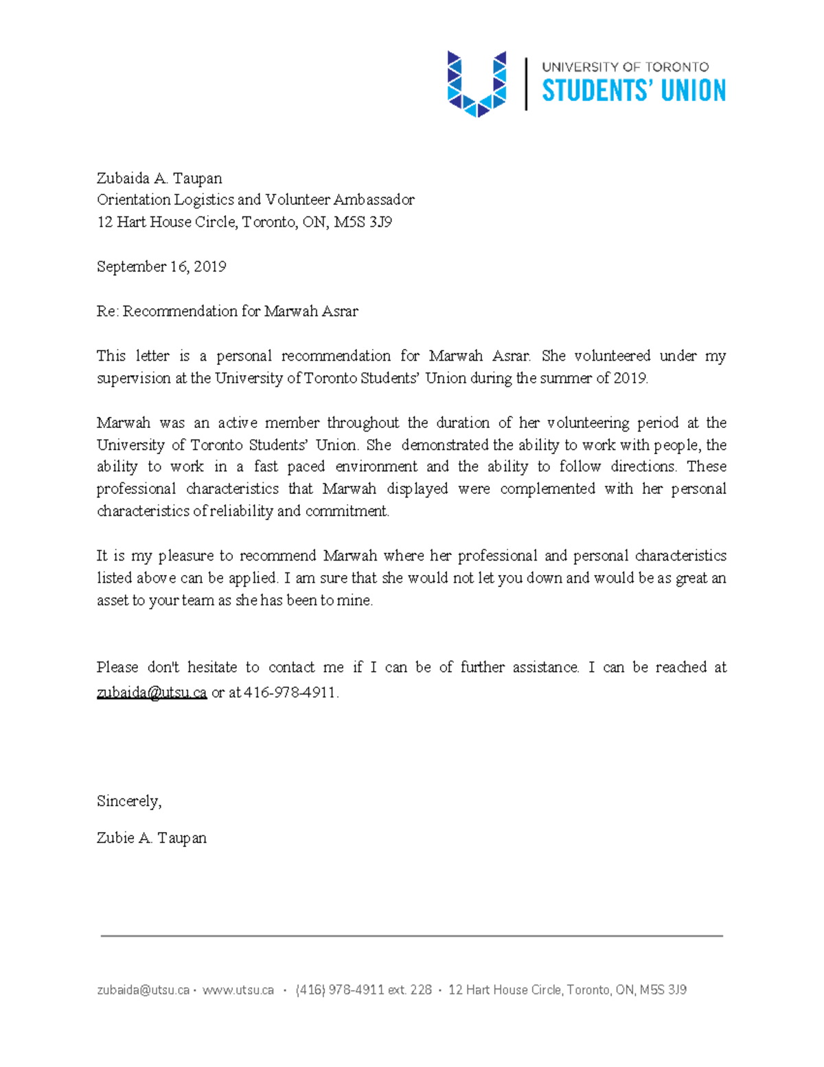 Recommendation - Zubaida A. Taupan Orientation Logistics and Volunteer ...