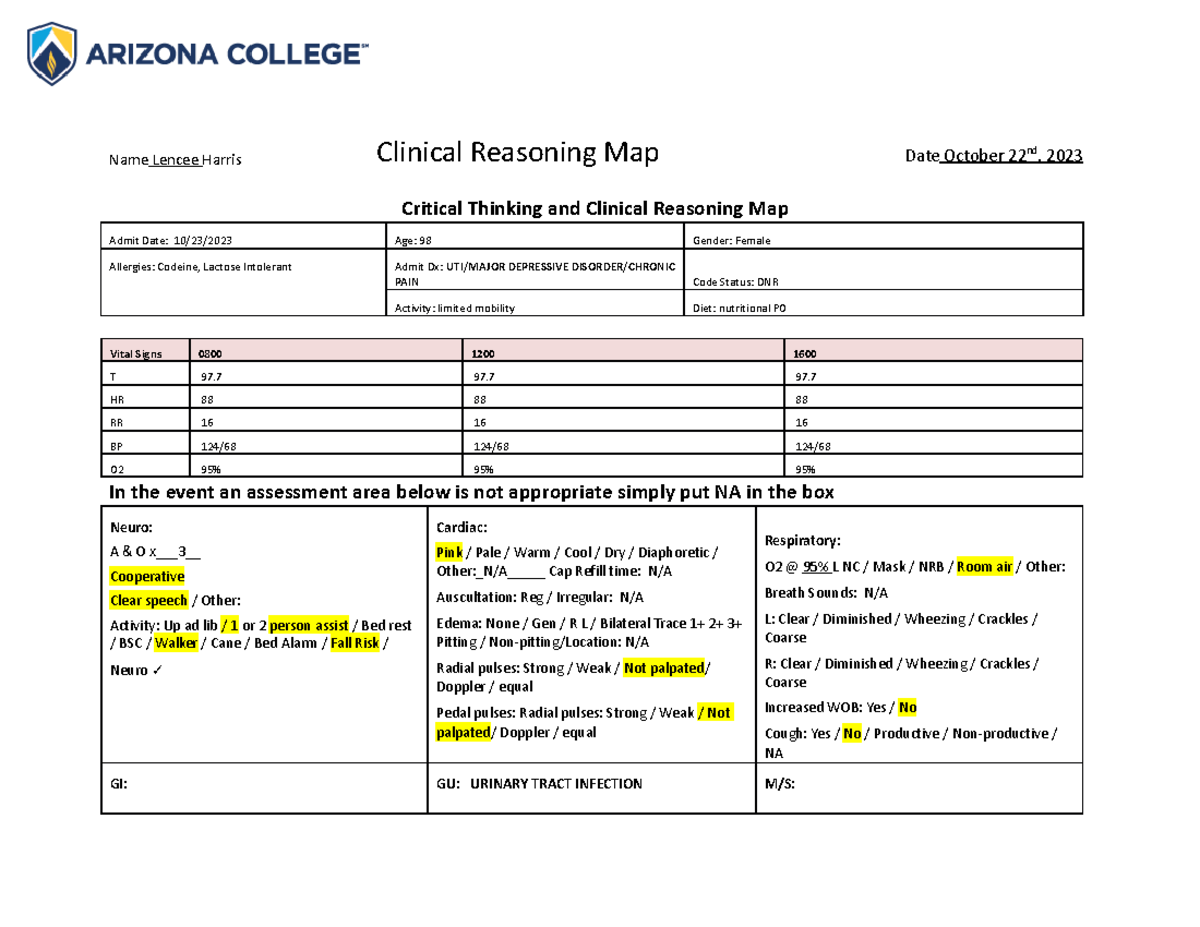 Critical thinking map 1-1 - Name Lencee Harris Clinical Reasoning Map ...