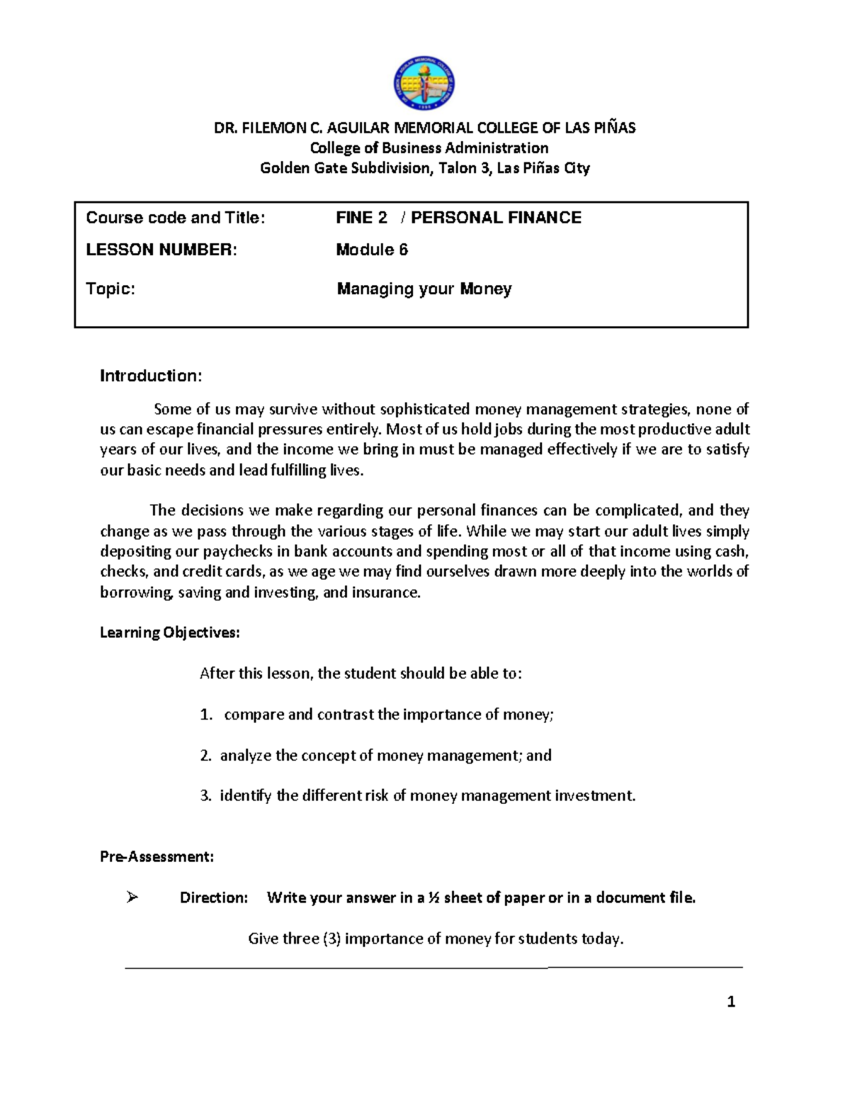 Module-6-FINE - Lecture notes 2 - DR. FILEMON C. AGUILAR MEMORIAL ...
