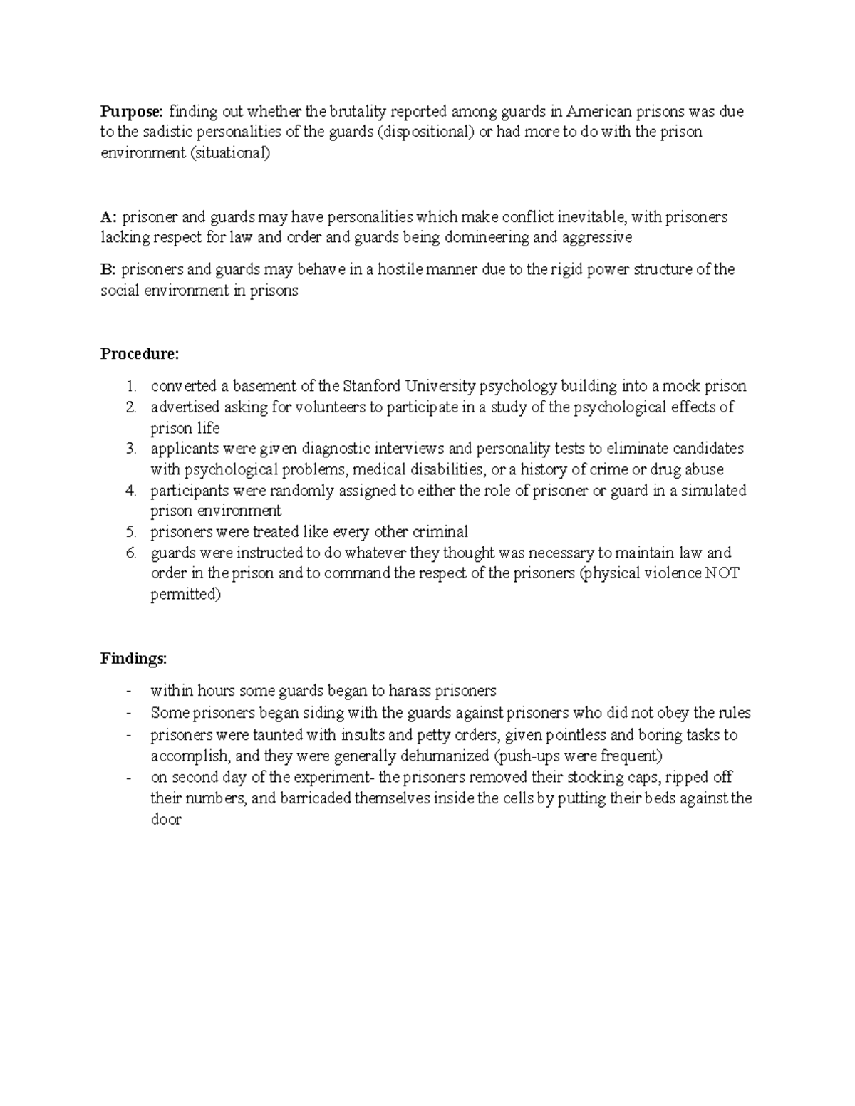 Stanford Prison Experiment Notes - Purpose: finding out whether the ...