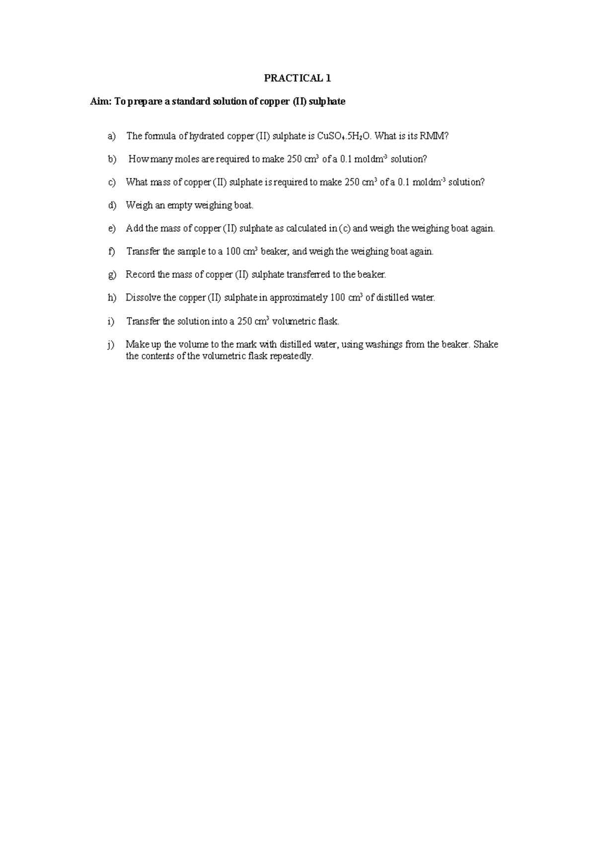 Practical 1 - preparing a standard solution - PRACTICAL 1 Aim: To ...