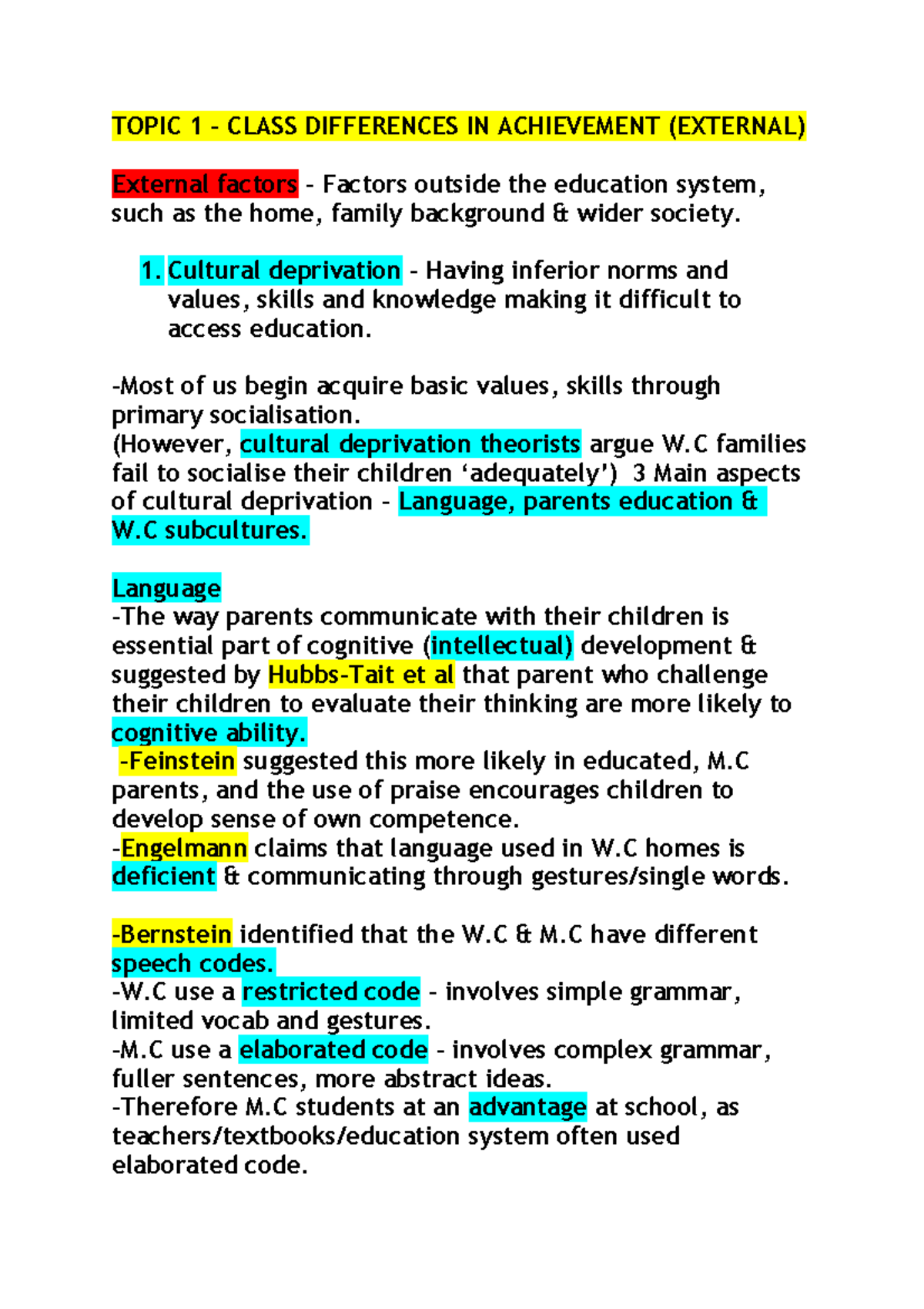 Education notes all - TOPIC 1 - CLASS DIFFERENCES IN ACHIEVEMENT ...