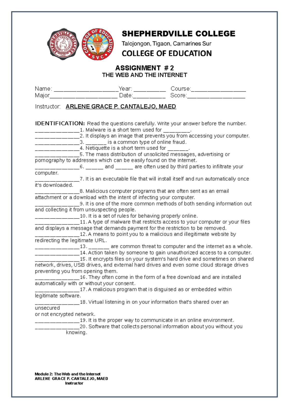 Assignment # 2 The Web and the Internet ( Week 4-5) Prelim - ASSIGNMENT ...
