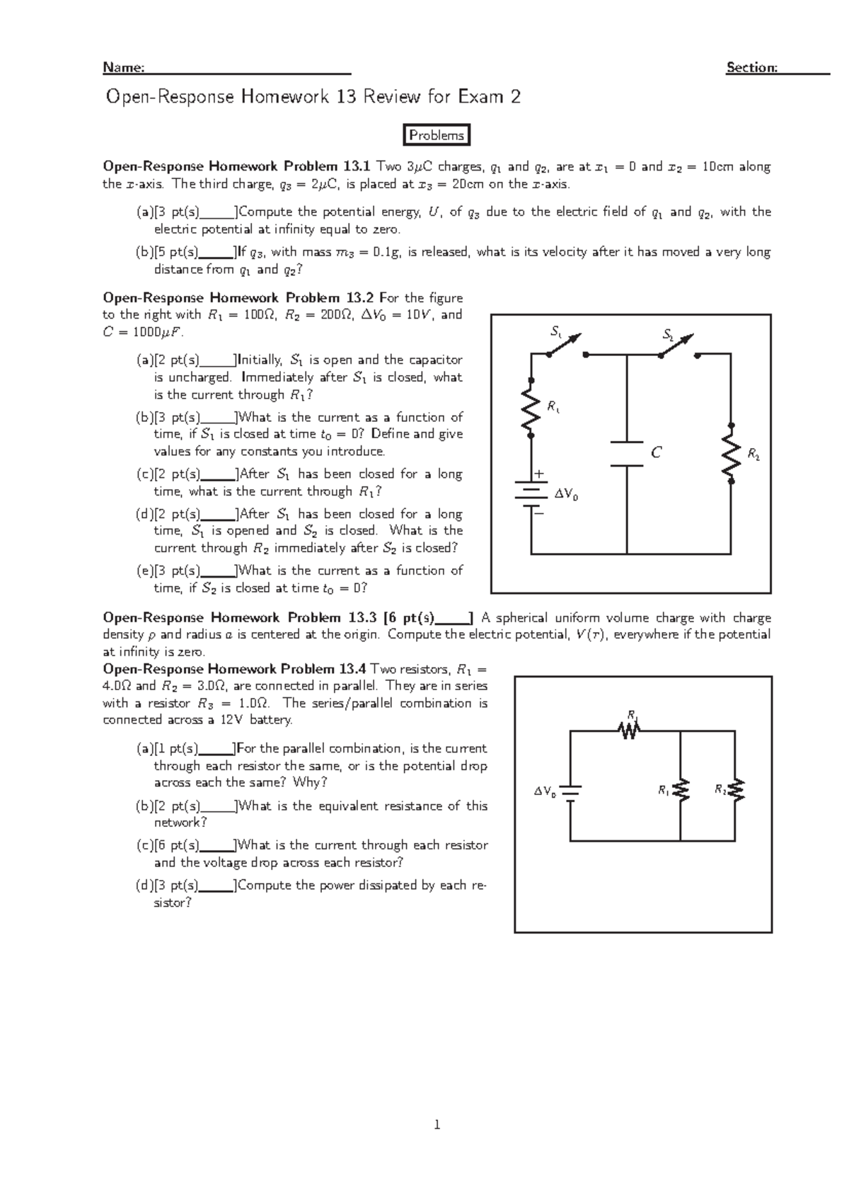 OR Hwk 13 (v2) - Name: Section: Open-Response Homework 13 Review for Exam 2 Problems Open ...