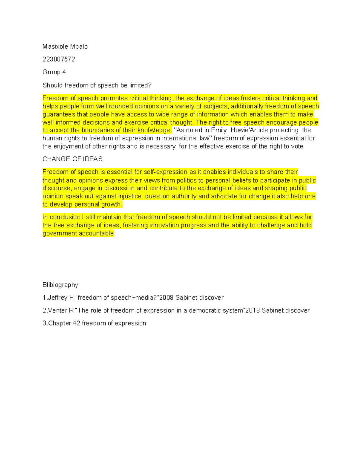 Freedom of speech - assignment - Masixole Mbalo 223007572 Group 4 ...