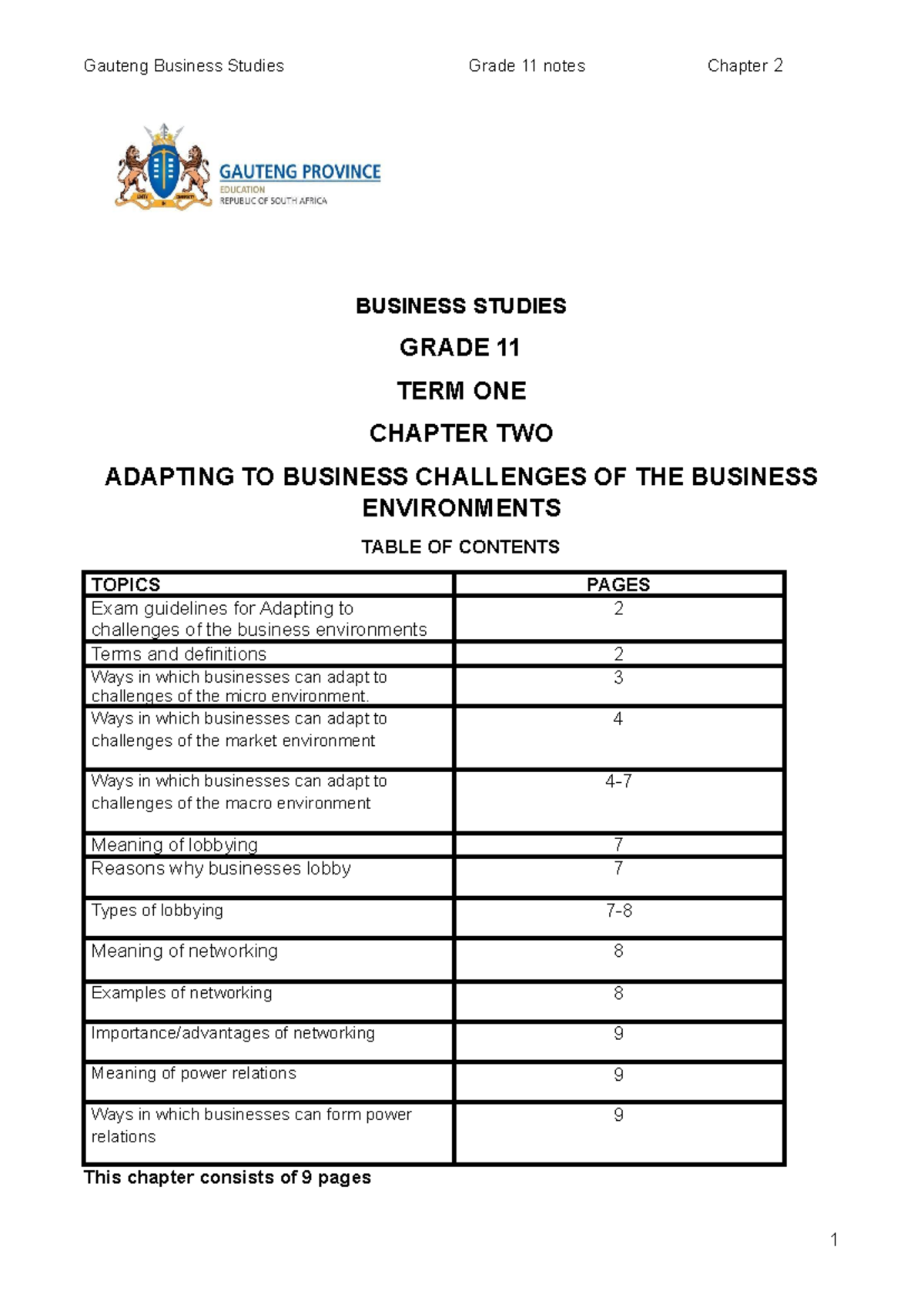 Chapter 2 notes - BUSINESS STUDIES GRADE 11 TERM ONE CHAPTER TWO ...
