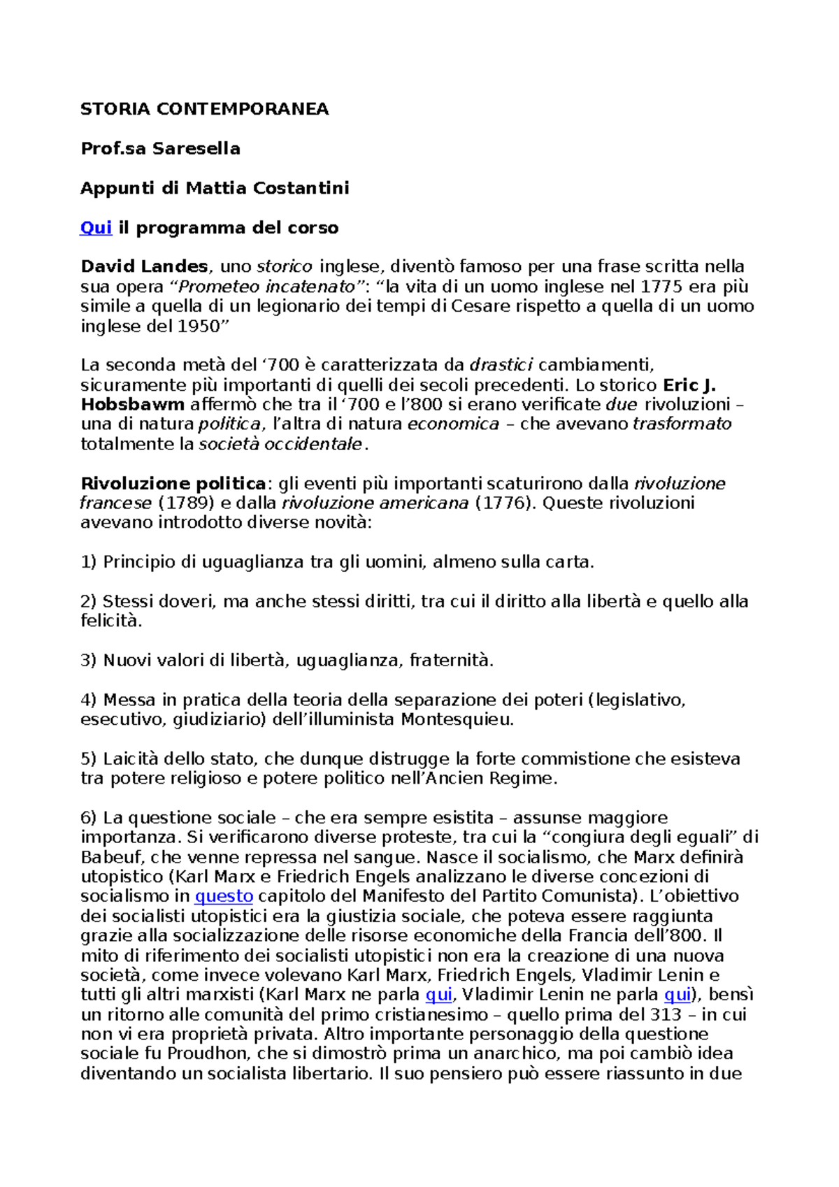NSC - STORIA CONTEMPORANEA Prof Saresella Appunti di Mattia Costantini ...