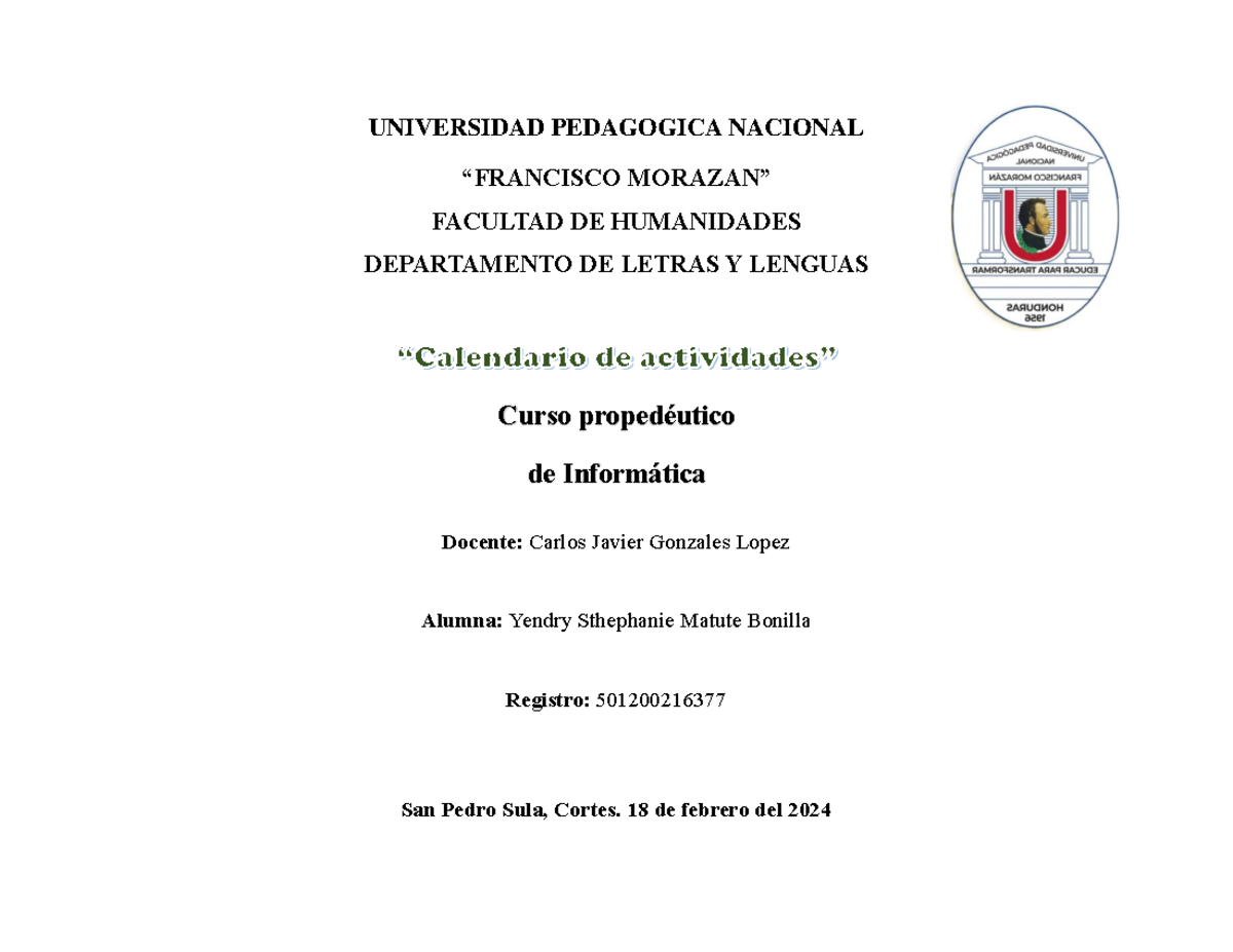 Calendario de actividades - informática educativa - UNIVERSIDAD ...