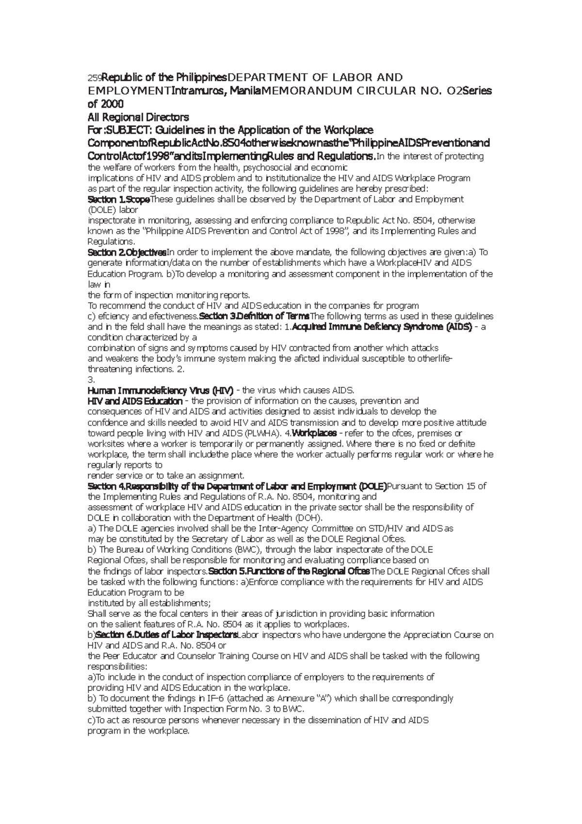 Osh 56 - occupational safety management notes - 259 Republic of the ...