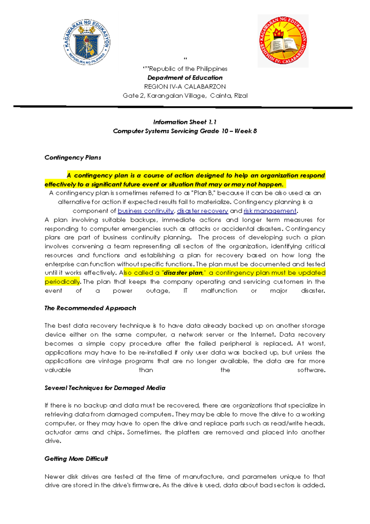 Contingency Plans - Notes - “ ‘’’Republic of the Philippines Department ...
