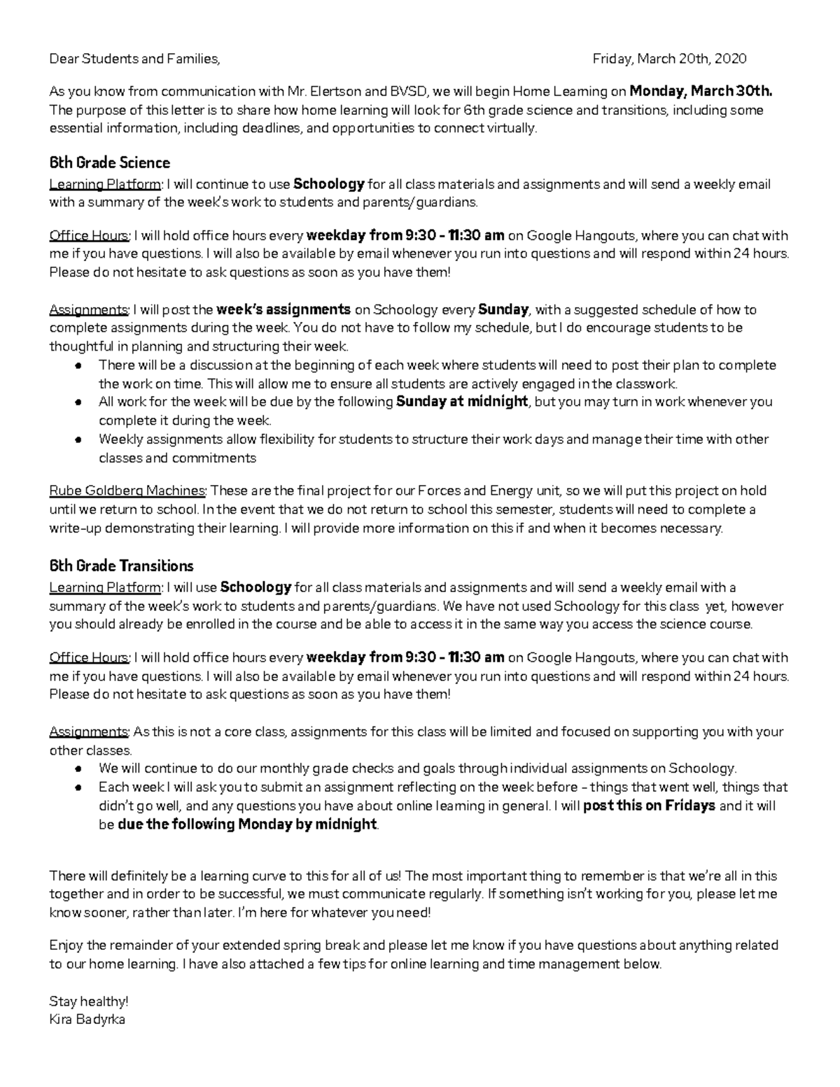 Home Learning Letter 6th Grade - Dear Students and Families, Friday ...