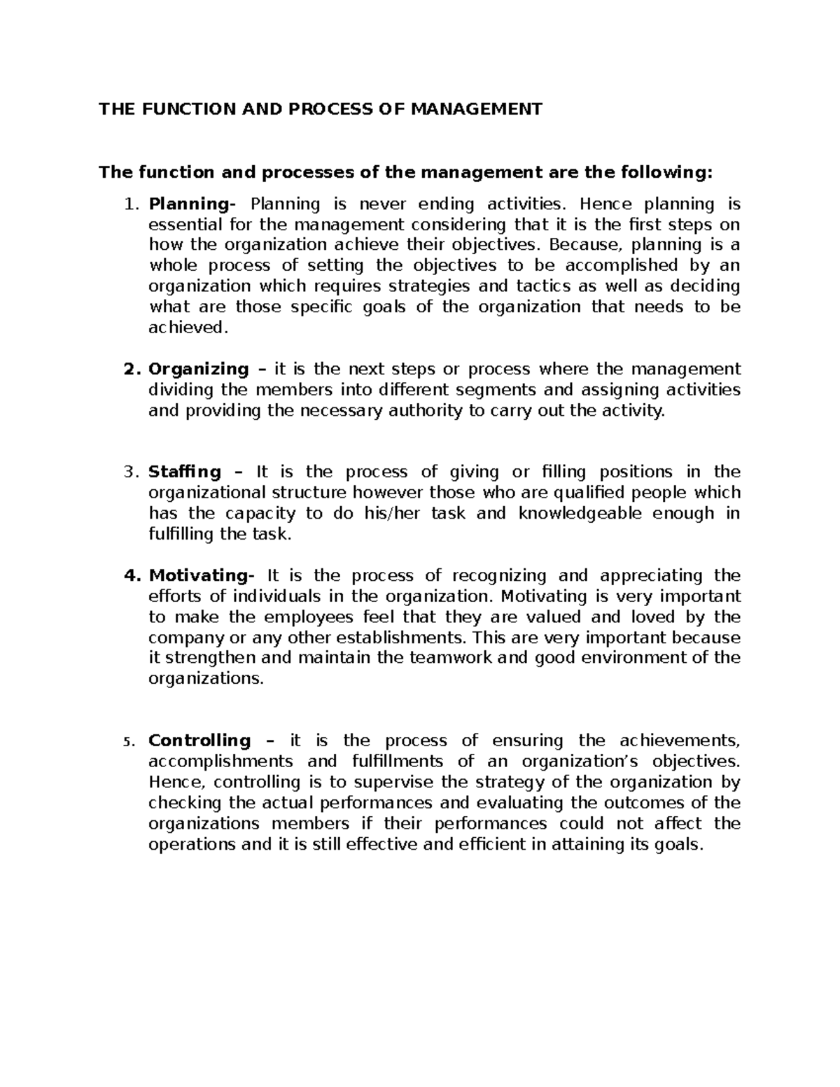 THE Function AND Process OF Management - THE FUNCTION AND PROCESS OF ...