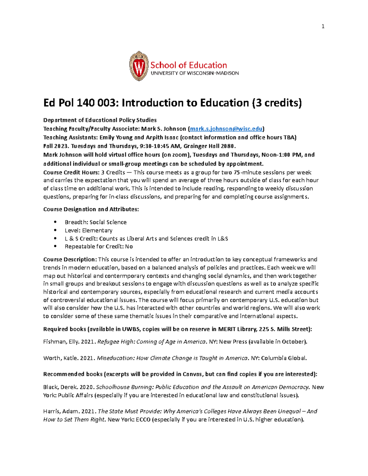 Edpol 140 FA23 Syllabus - Ed Pol 140 003: Introduction to Education (3 ...